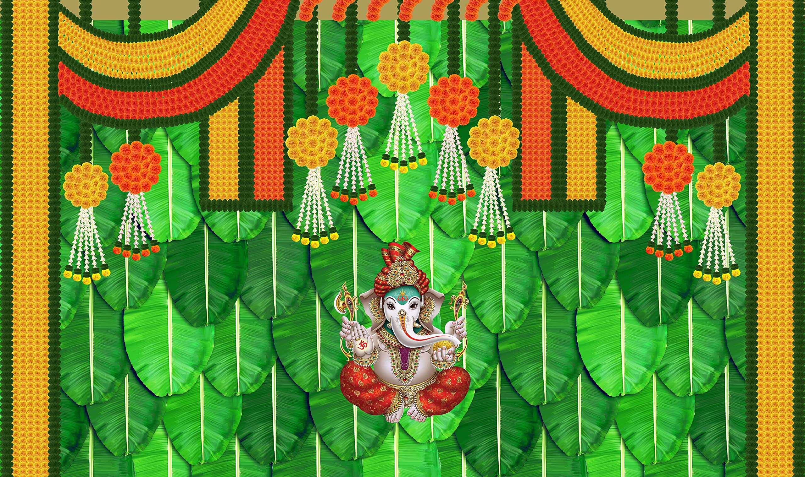 Ashvath Banana Leaf and Hanging Marigold Flower with Ganesh ji Design ...