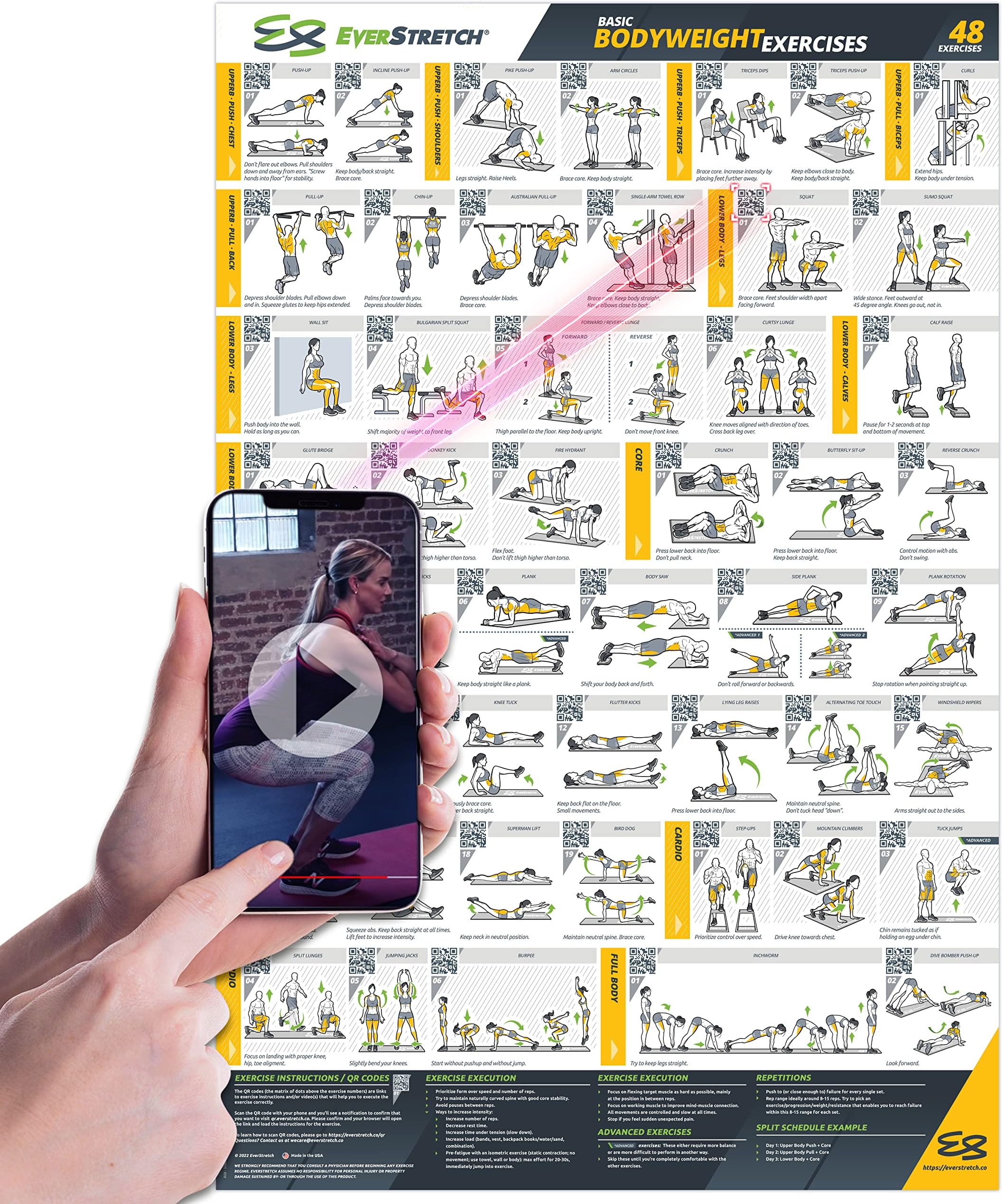 EverStretch Bodyweight Workout Poster for Home Gym - with Video ...