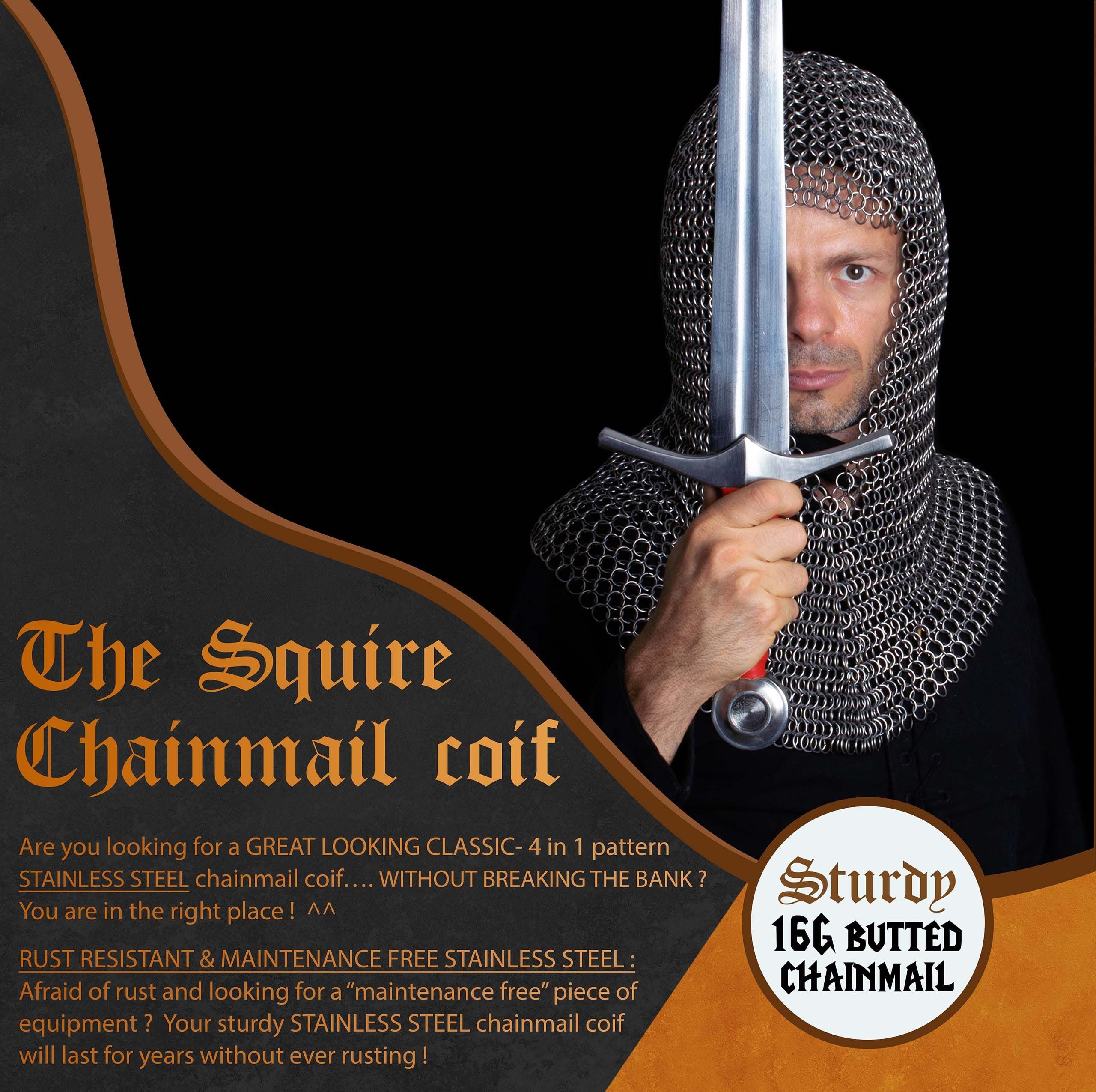 Mythrojan Medieval Chainmail Coif Hood 16 Gauge Stainless Steel Butted ...