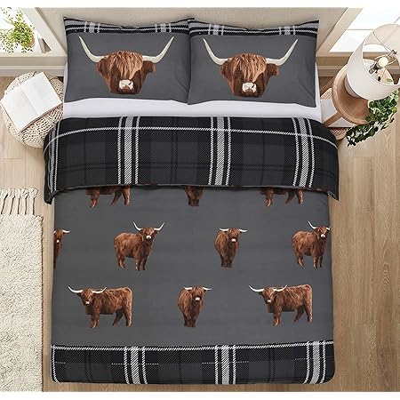 CnA Stores - Tartan Check Highland Cow Double Duvet Cover Set Reversible Grey Bedding : Amazon ...