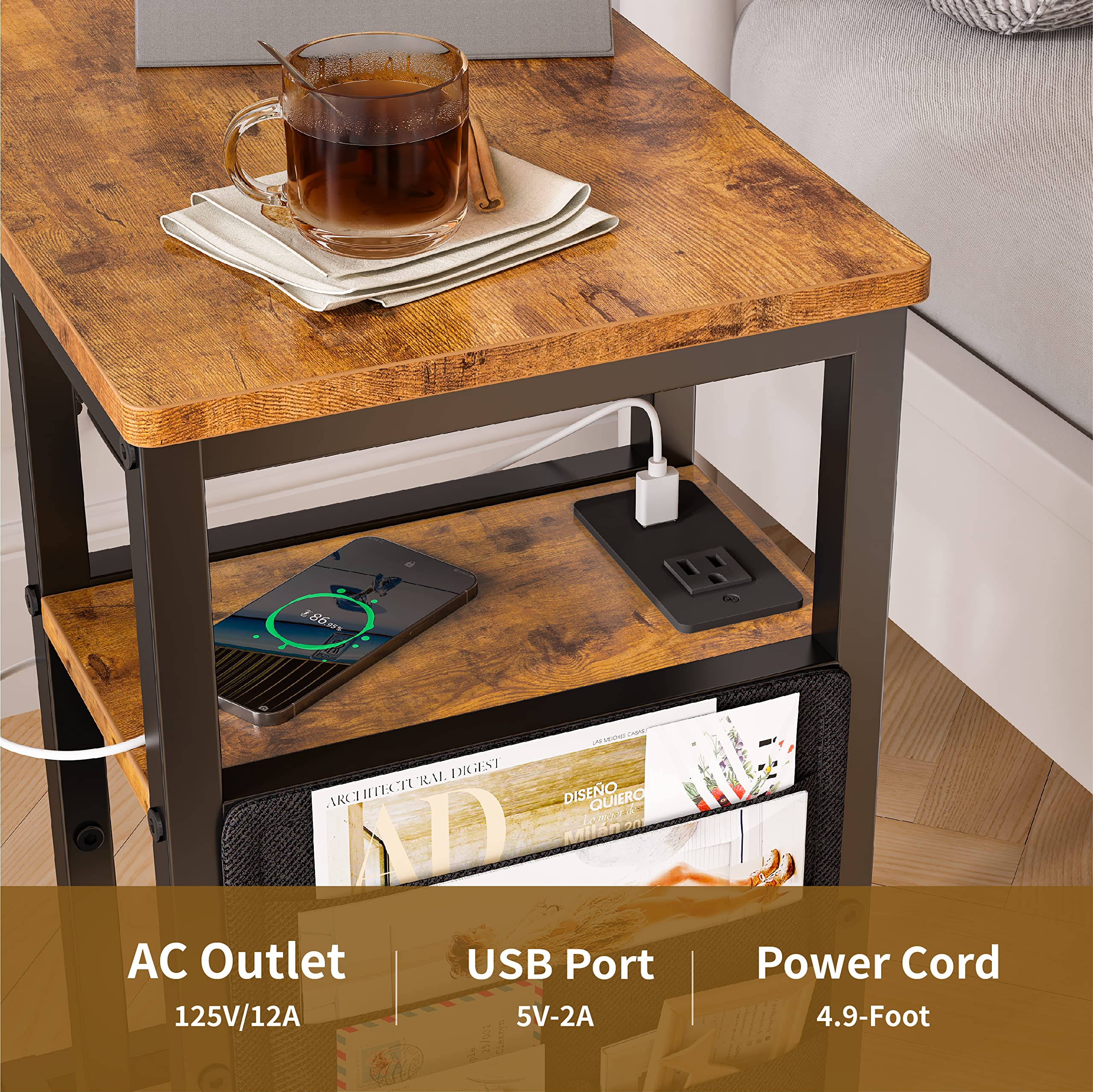 SUPERJARE C Shaped End Table with Charging Station, Side Table with ...