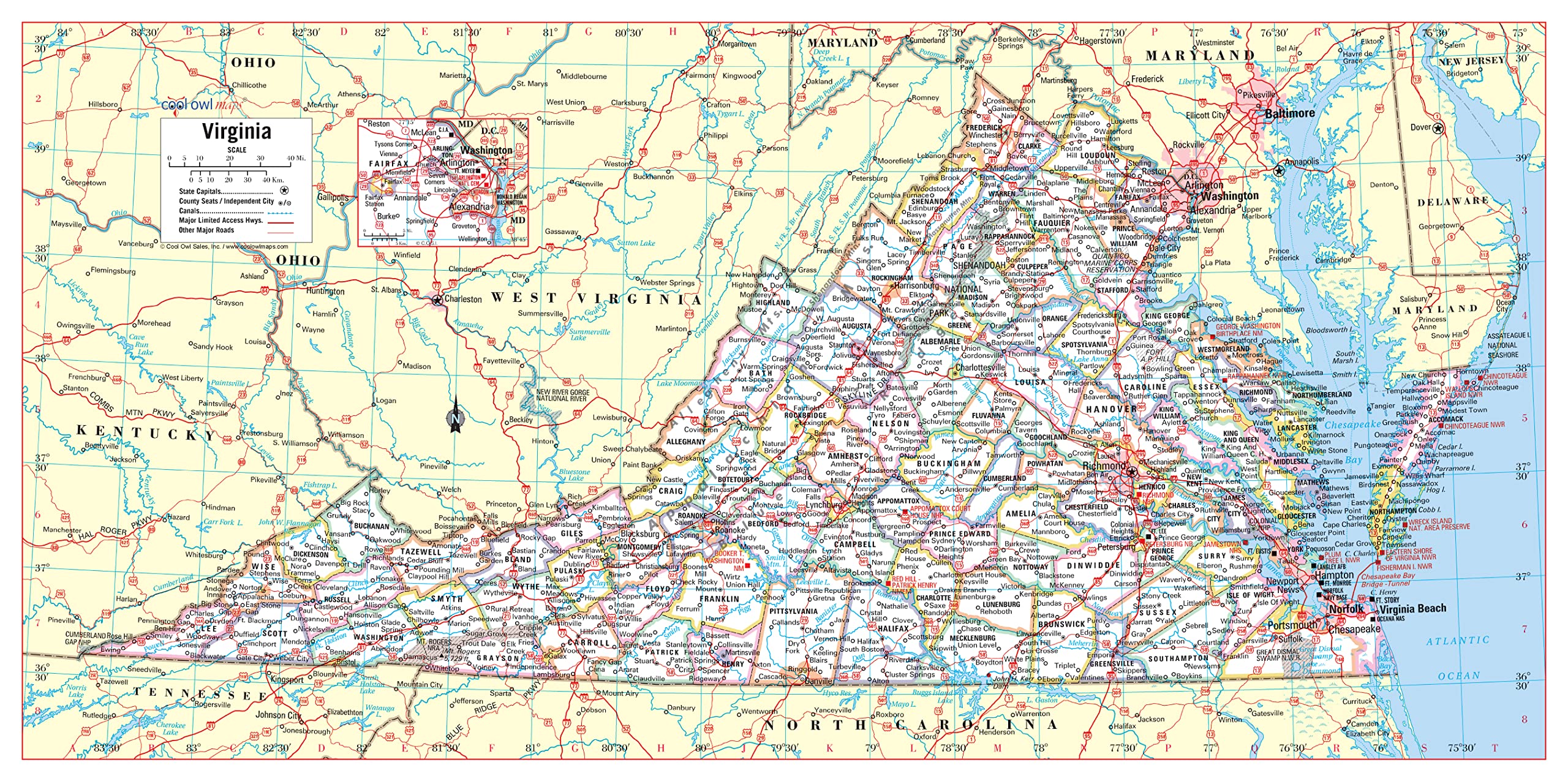 Amazon.com : Cool Owl Maps Virginia State Wall Map Poster Large Print ...