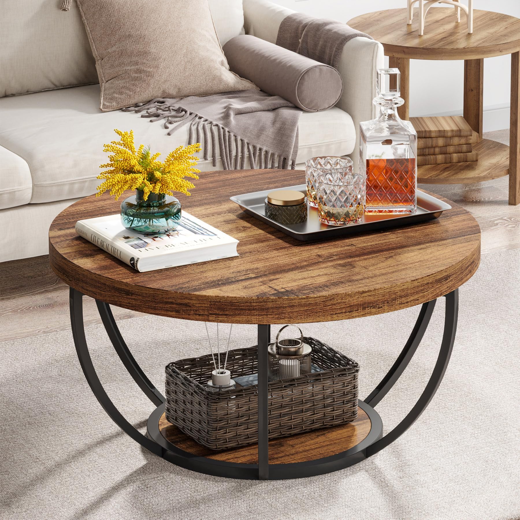 Amazon.com: Tribesigns Round Coffee Table, Industrial 2-Tier Circle ...