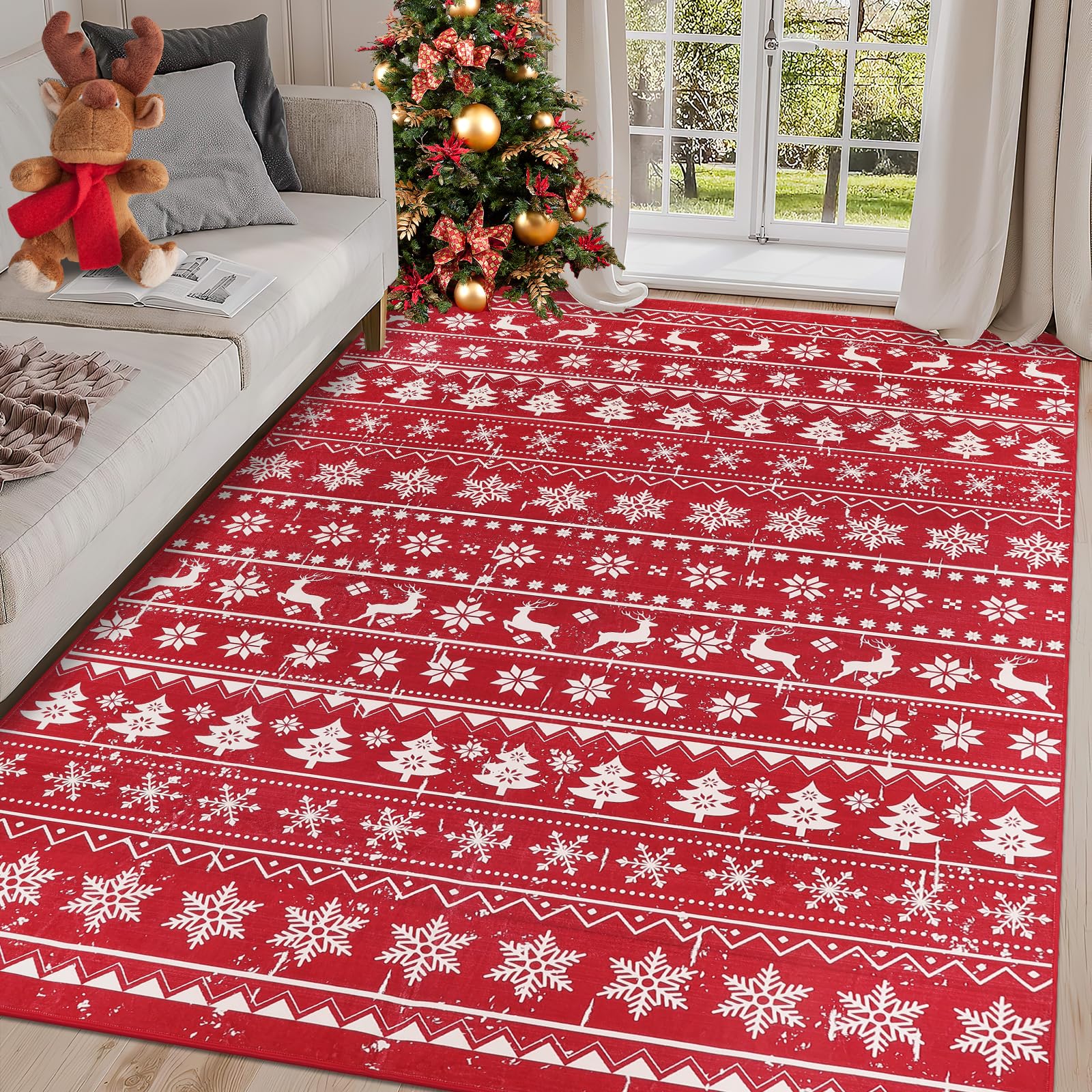 Amazon.com: SHACOS Christmas Area Rug 6x9ft Red Snowflakes Christmas ...