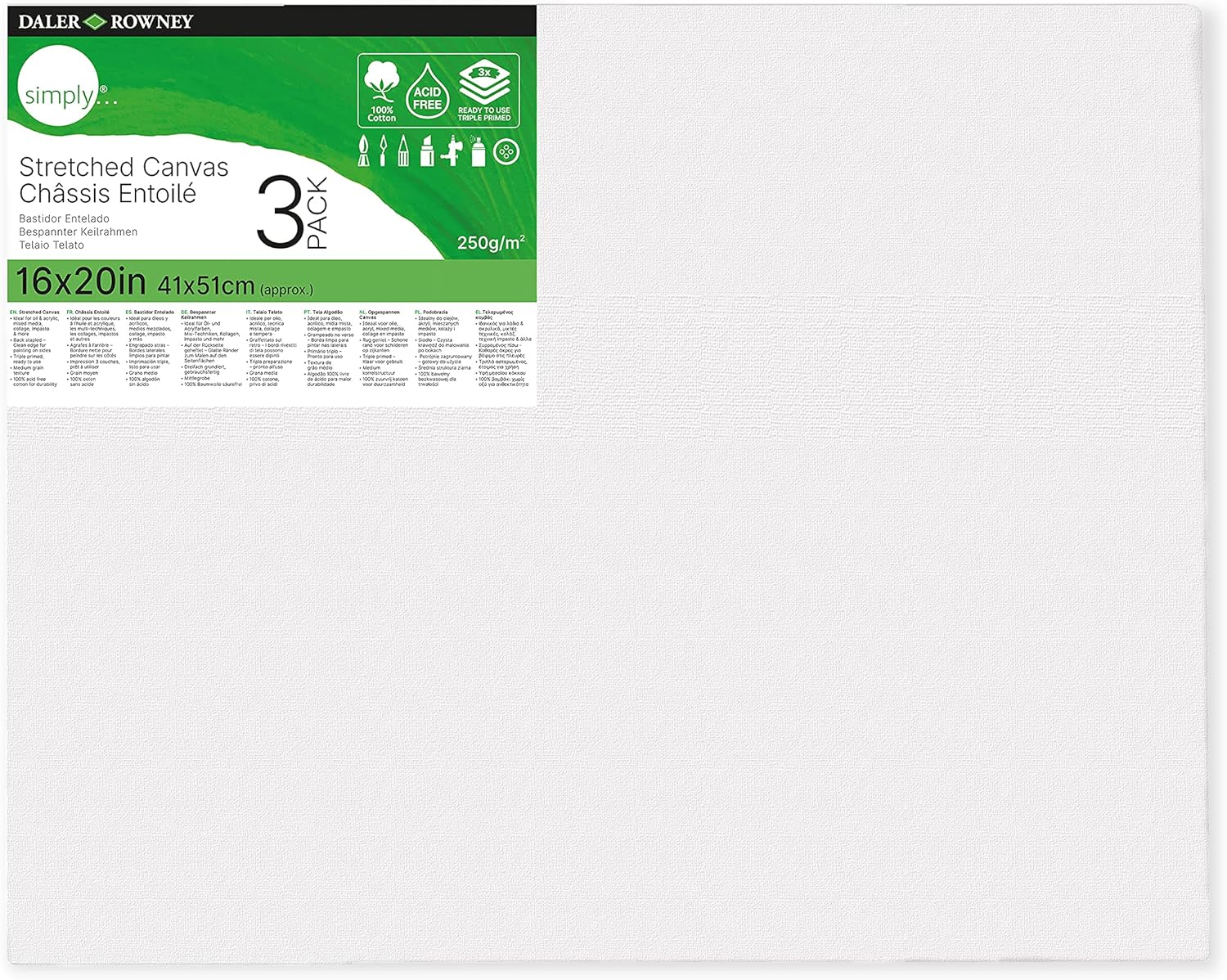 Daler-Rowney Simply 16x20in Stretched Canvas - Pack of 3, Acid-Free ...
