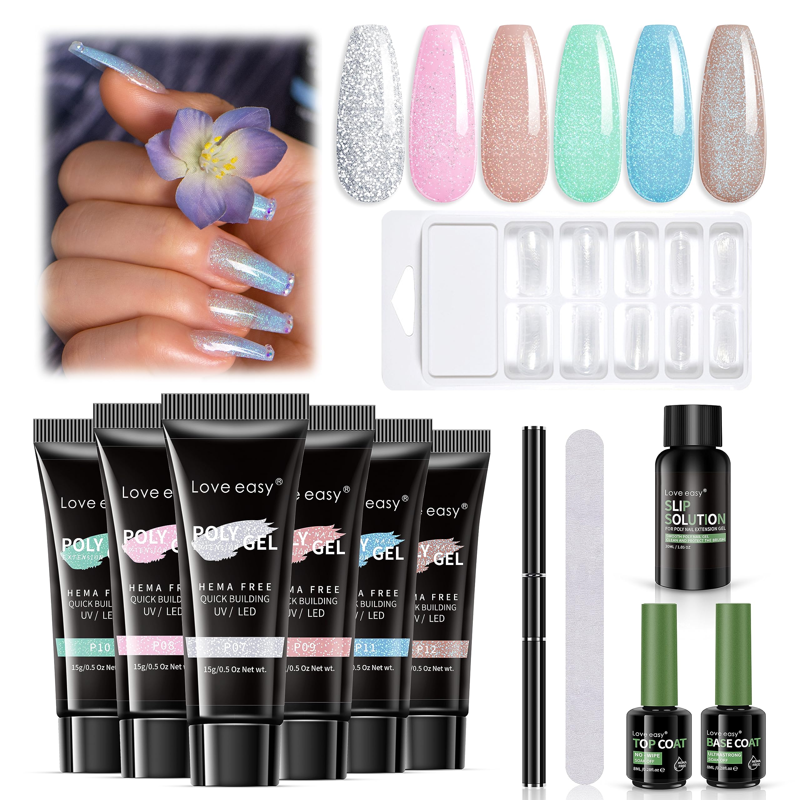 Amazon.com : Love easy Poly Gel Nail Kit - 6 Colors Silver Pink Blue ...