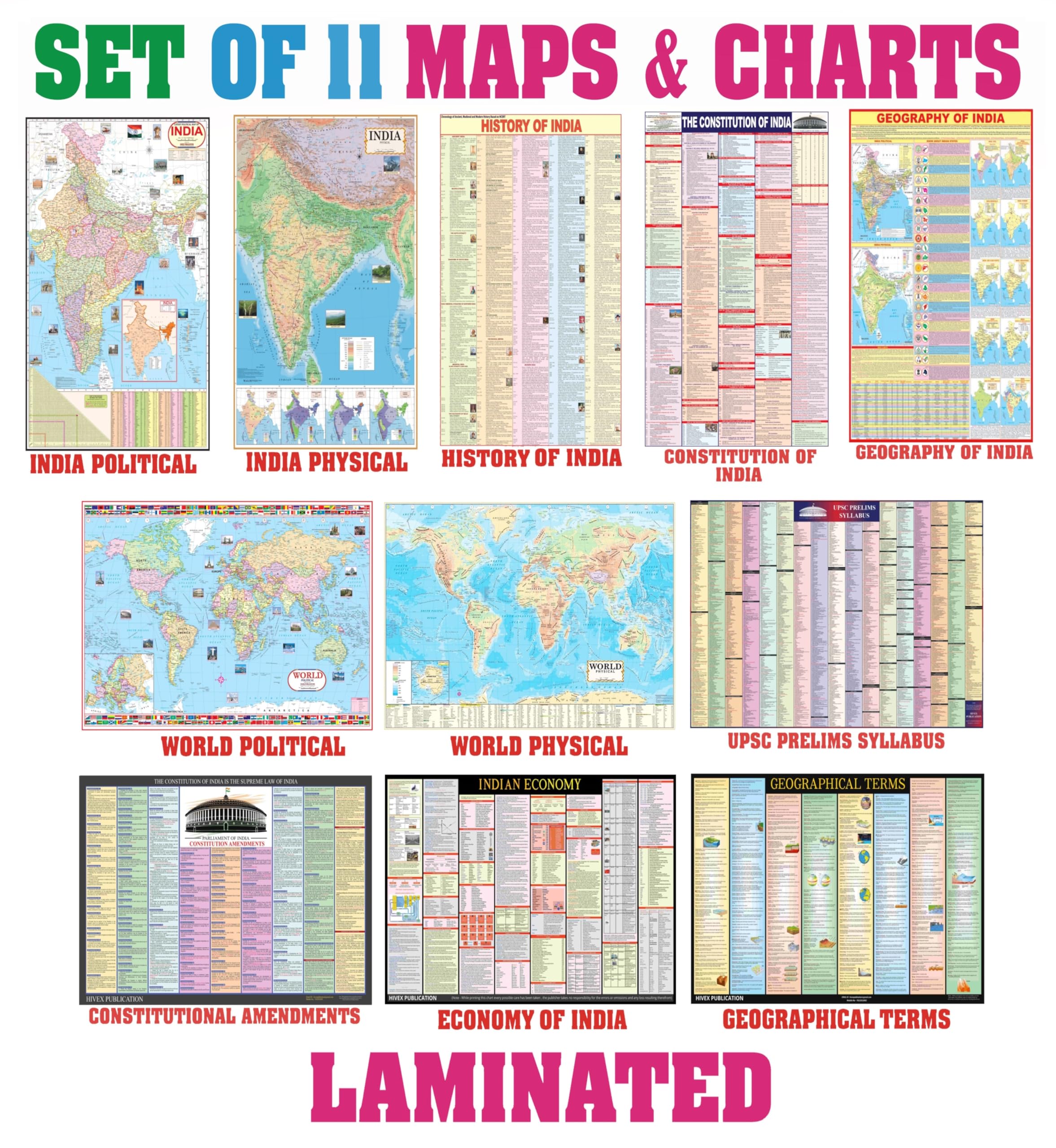 Buy Complete set of UPSC s & Charts Laminated | Set of 11 | India & World ( Both Political ...