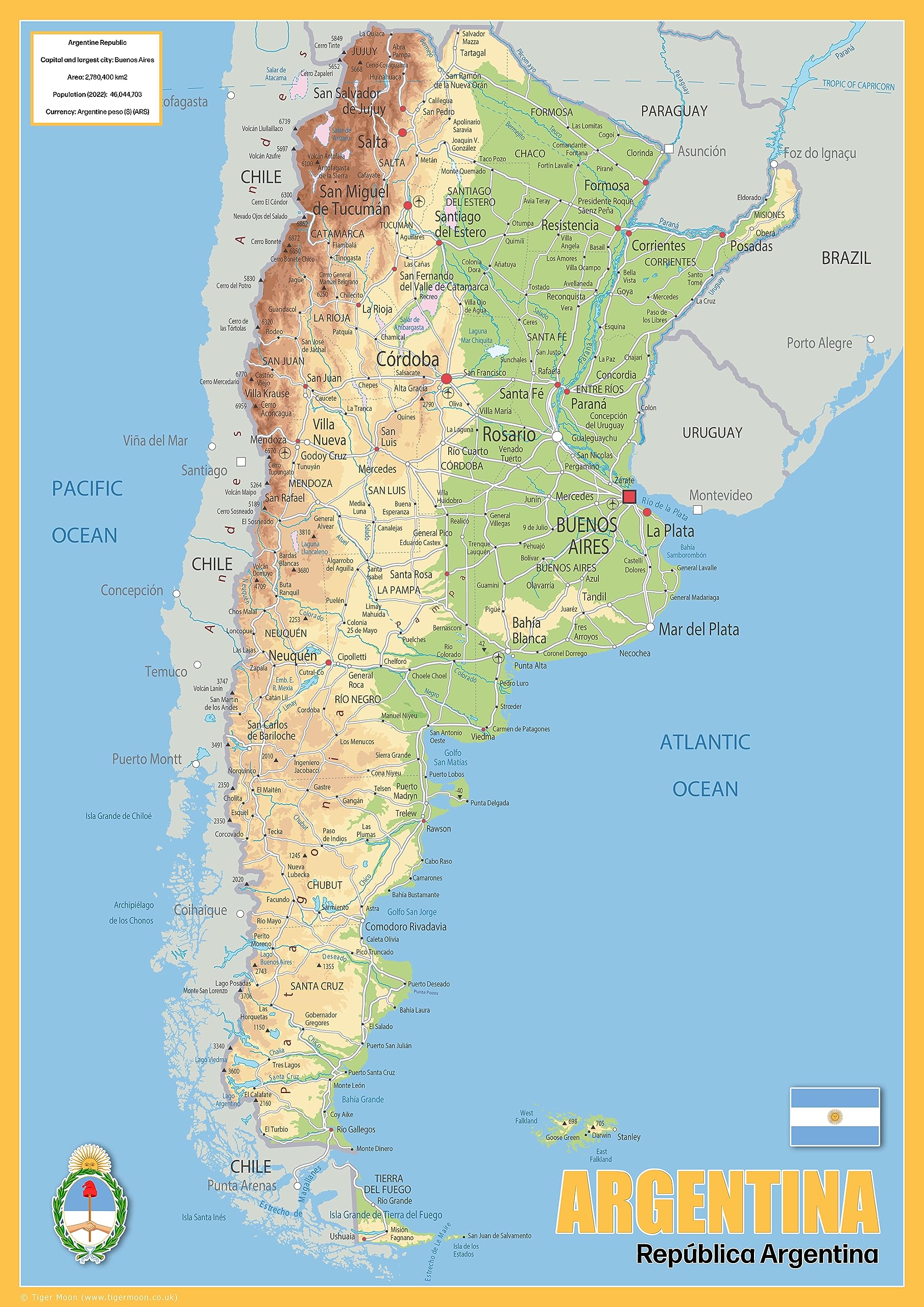 Physical Map Of Argentina The Oxford Collection Size A2 Paper ...