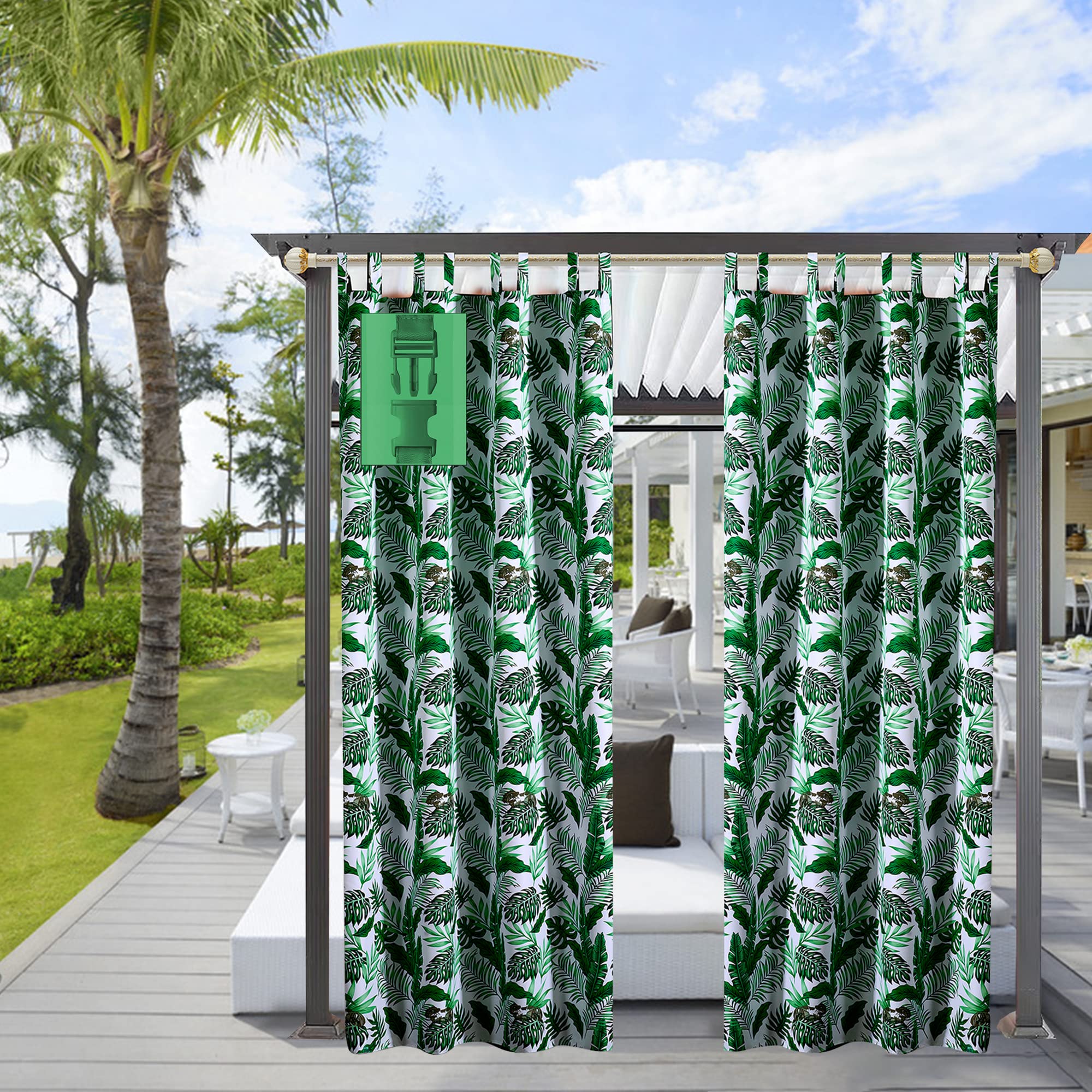 Comlax Outdoor Curtains Waterproof - 132x275 cm Tropical Leaves Printed ...