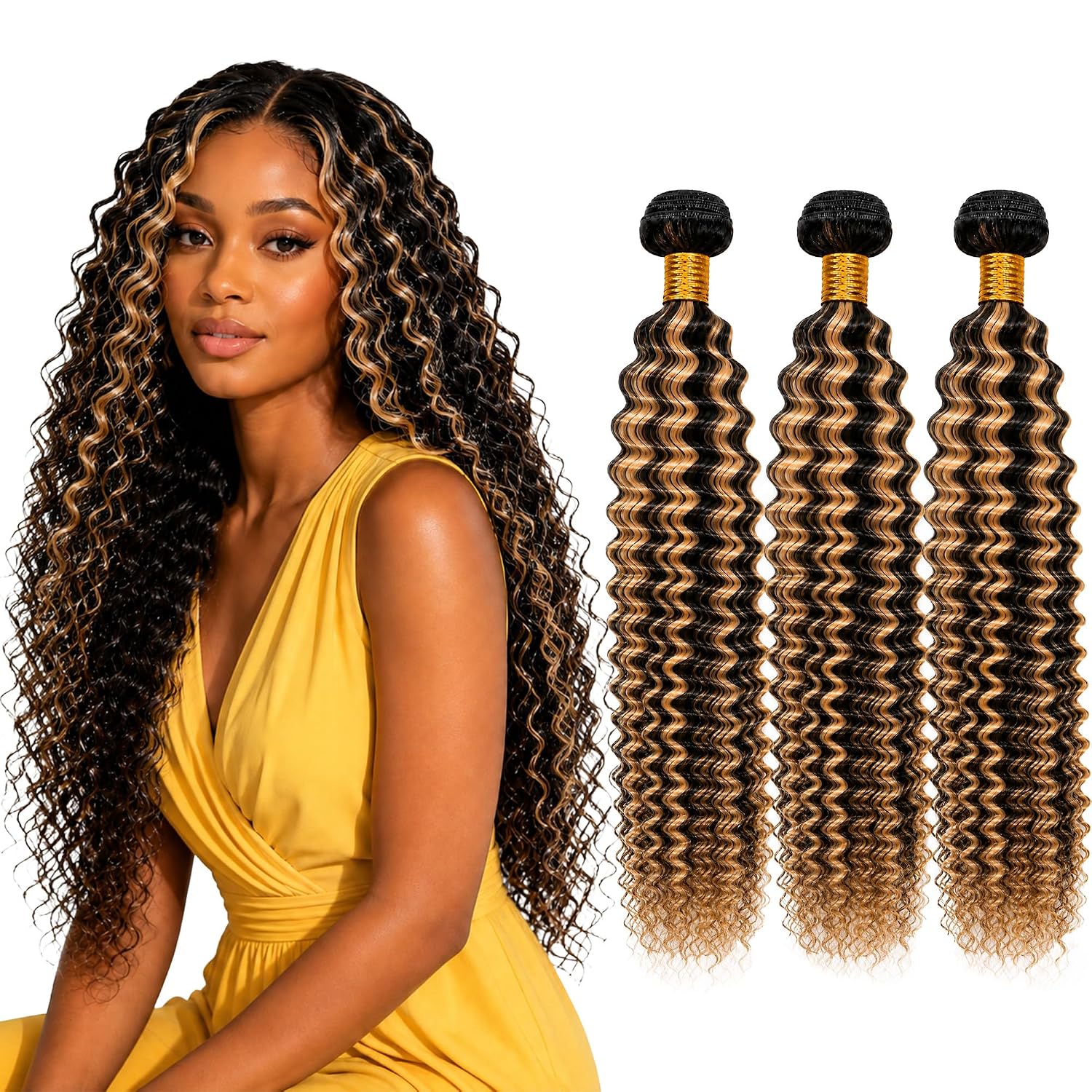 Amazon.com : BilltiiWW P1B27 Black and Honey Blonde Curly 3 Bundles 26 ...