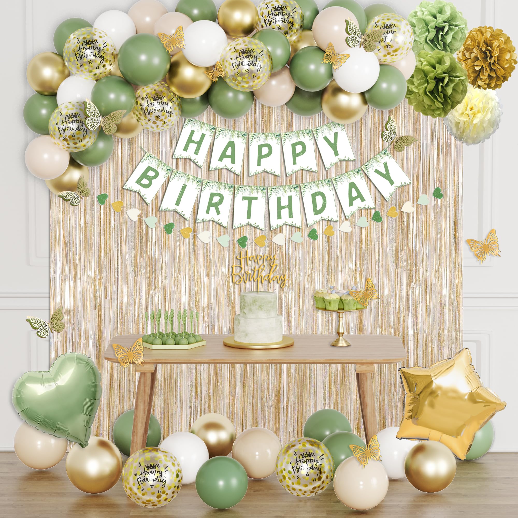 Amazon.com: Ouddy Life Sage Green Birthday Decorations Green White Gold ...