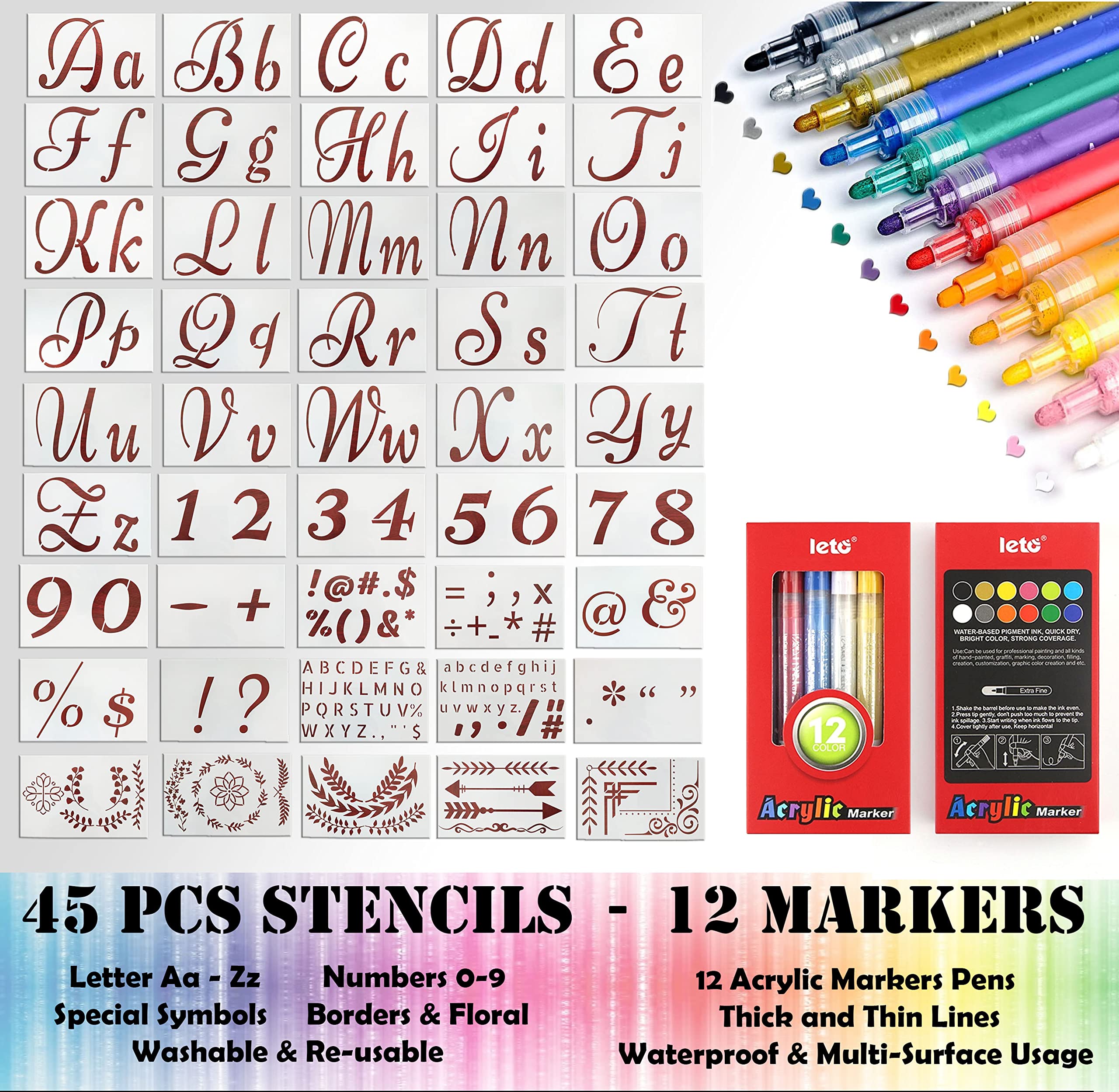 Buy 45pcs Letter Stencils Set + 12 Colors Acrylic Paint Pens - Reusable ...