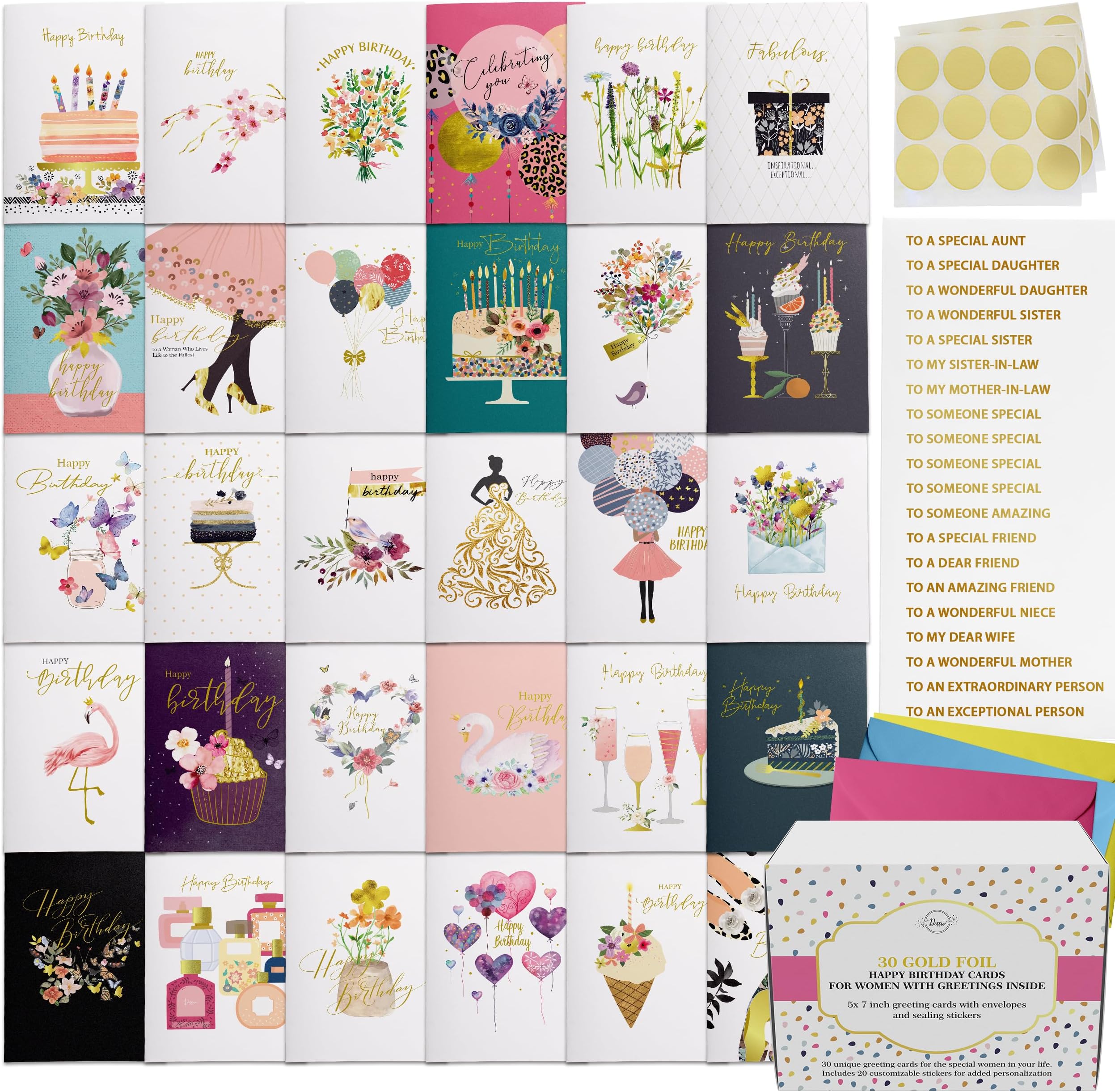 Amazon.com : Dessie 30 Unique Gold Foil Birthday Cards for Women with ...