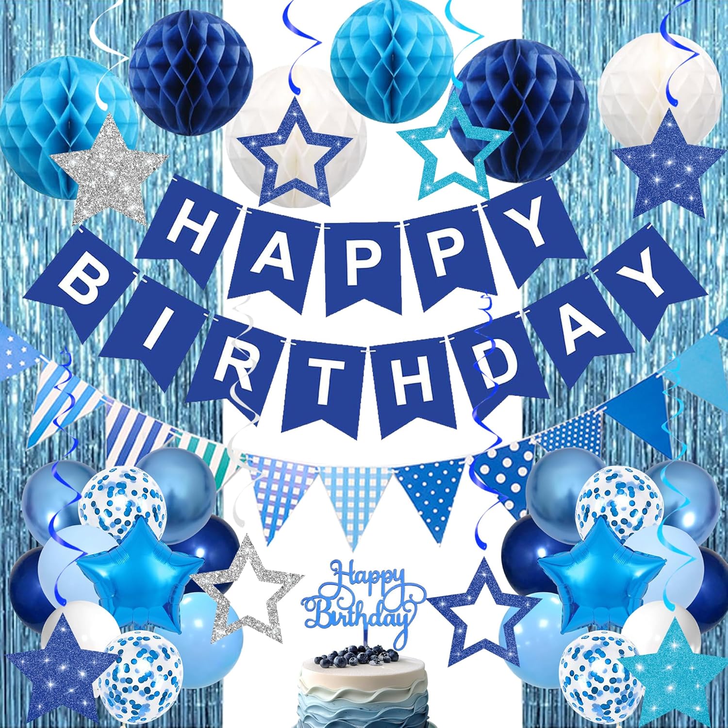 Amazon.com: Blue Happy Birthday Party Decorations - Navy Royal Light ...