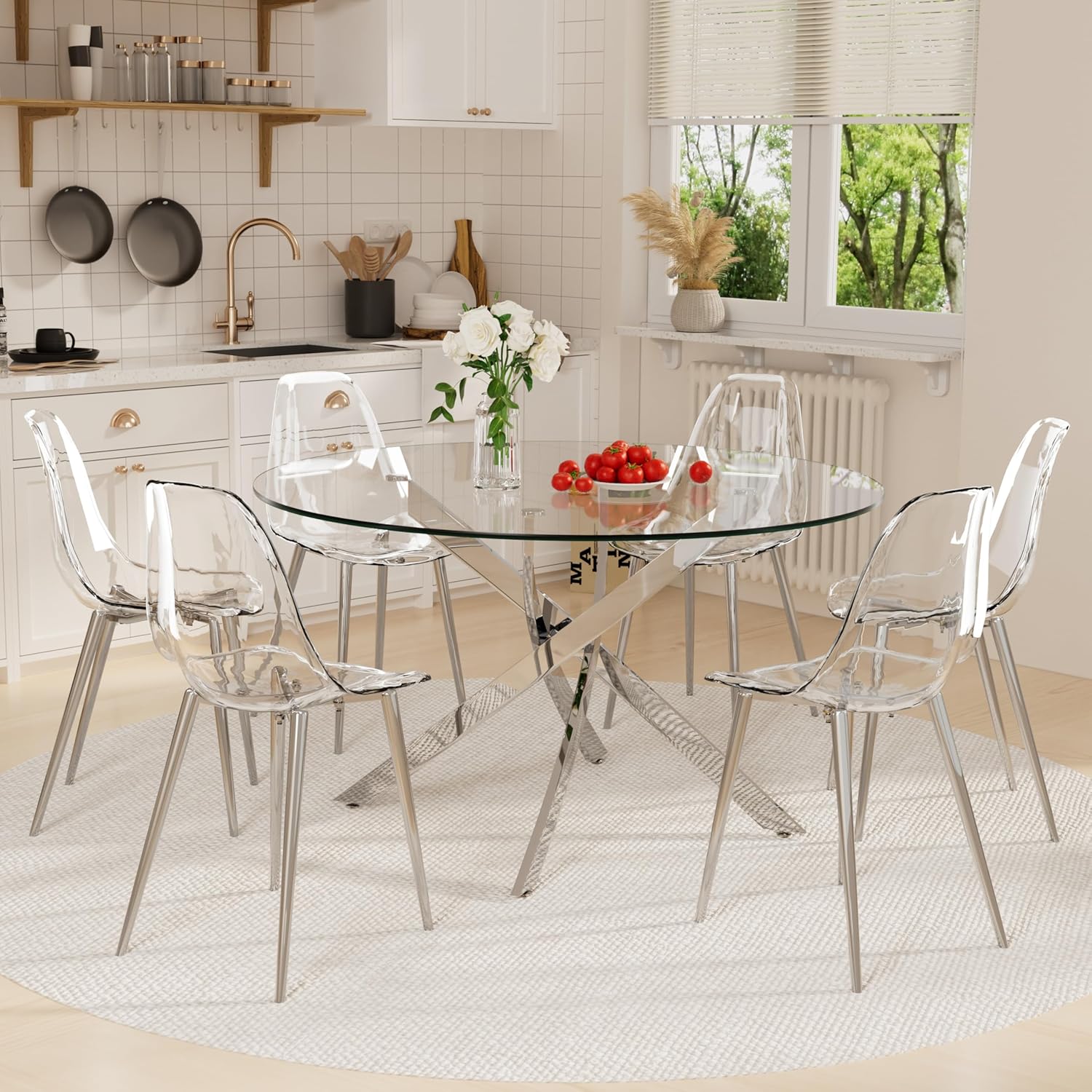 Amazon.com - HAIZAO Clear Round Glass Dining Table Set for 6, 7 Piece ...