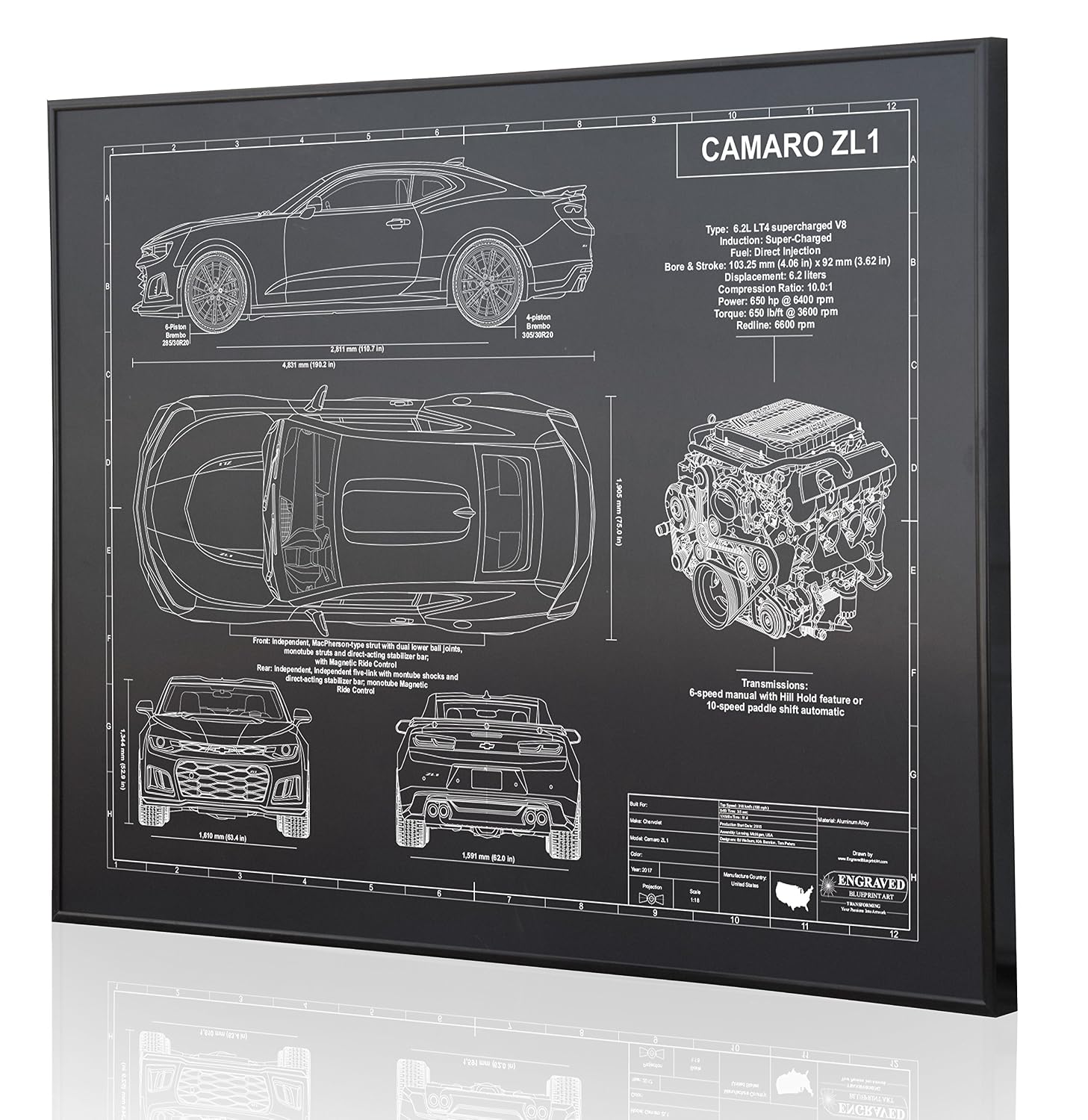 Amazon.com: Camaro ZL1 6th Generation Blueprint Artwork-Laser Marked ...