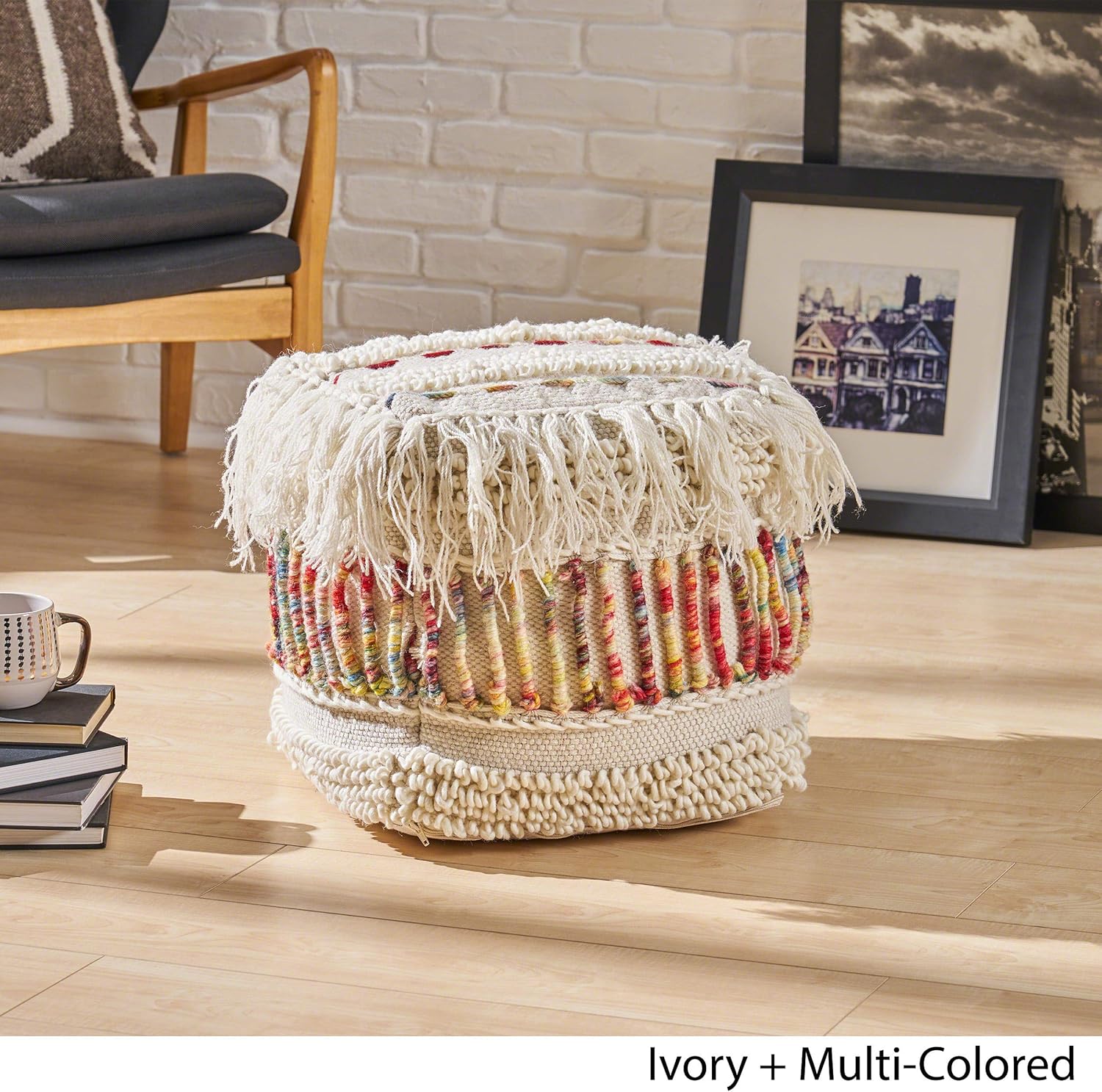 Christopher Knight Home Roth Boho Wool Pouf, Ivory and Multi-Colored 16 ...
