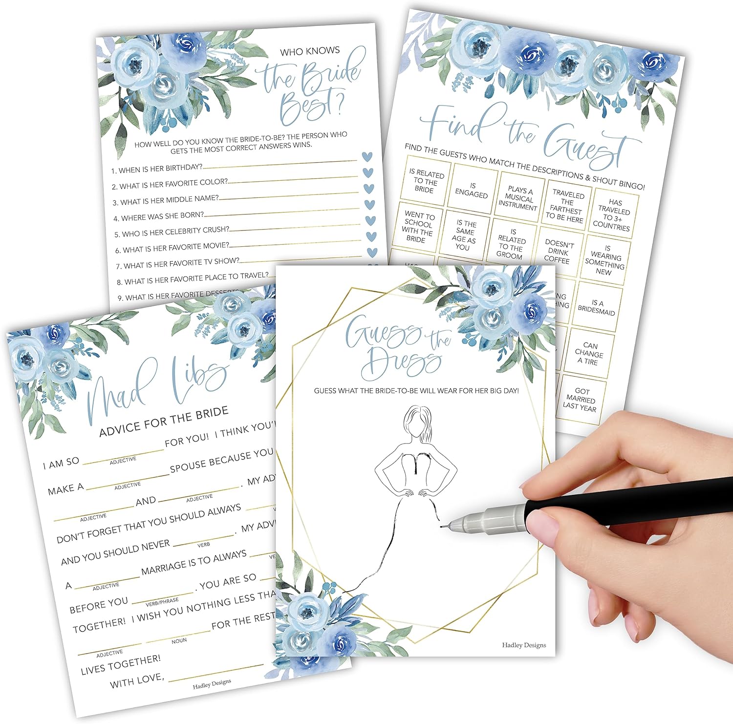 Amazon.com: Hadley Designs Bridal Shower Games 20 Guests, Blue Floral ...