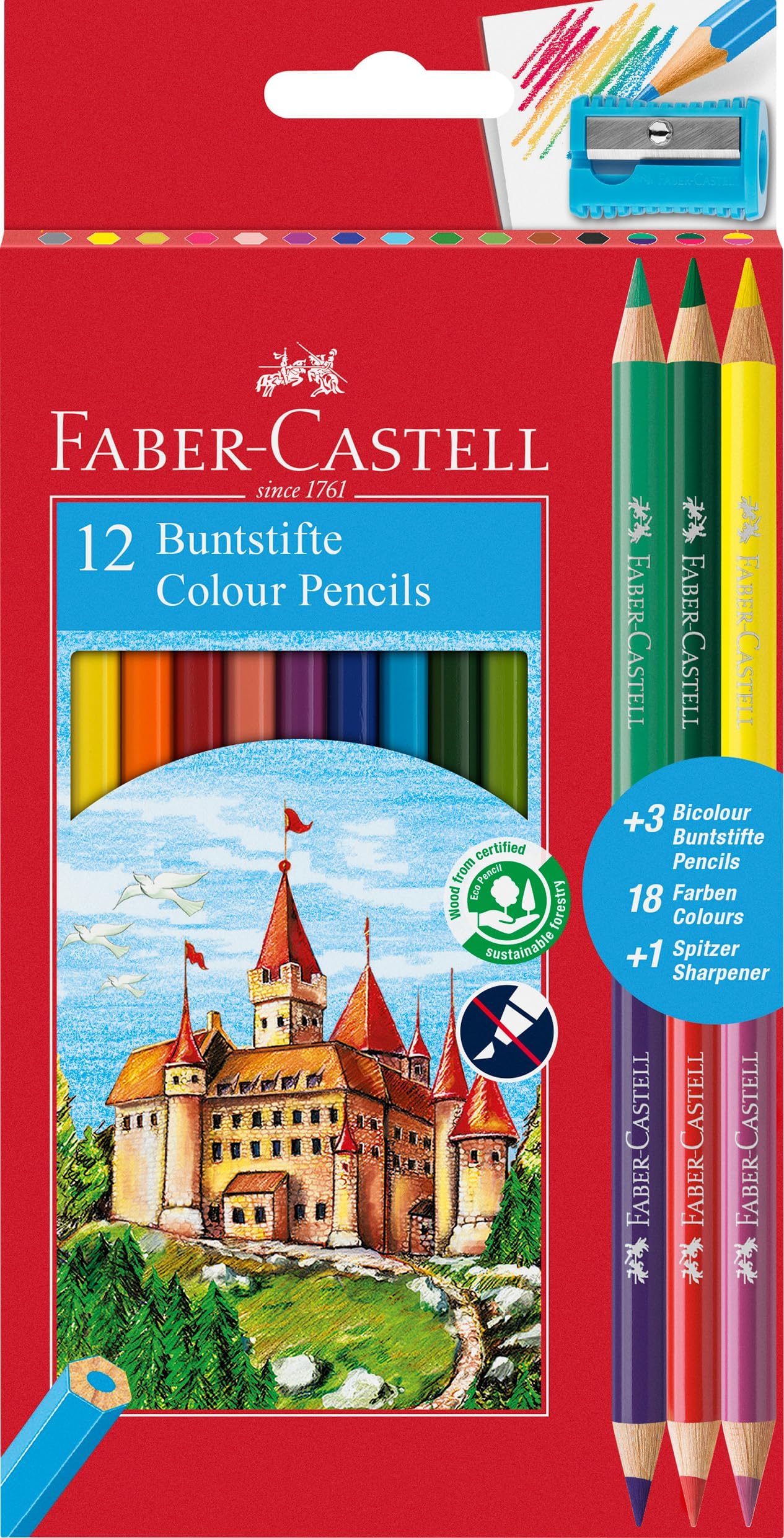 Faber-Castell 110312 Colour Pencil with 3 Bi-Colour Pencil/Sharpener ...
