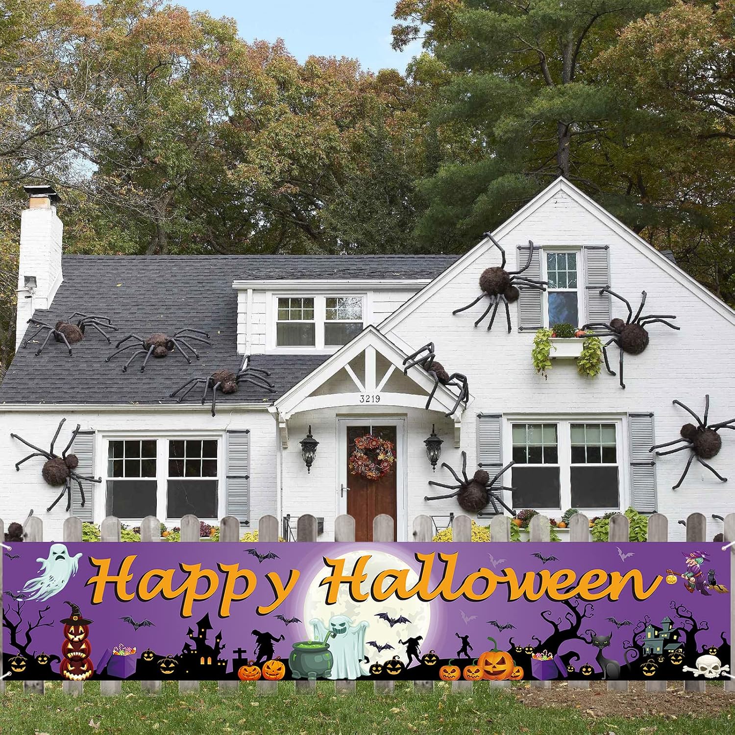 Amazon.com: Happy Halloween Banner - Long Fabric Pumpkin Ghost Moon ...