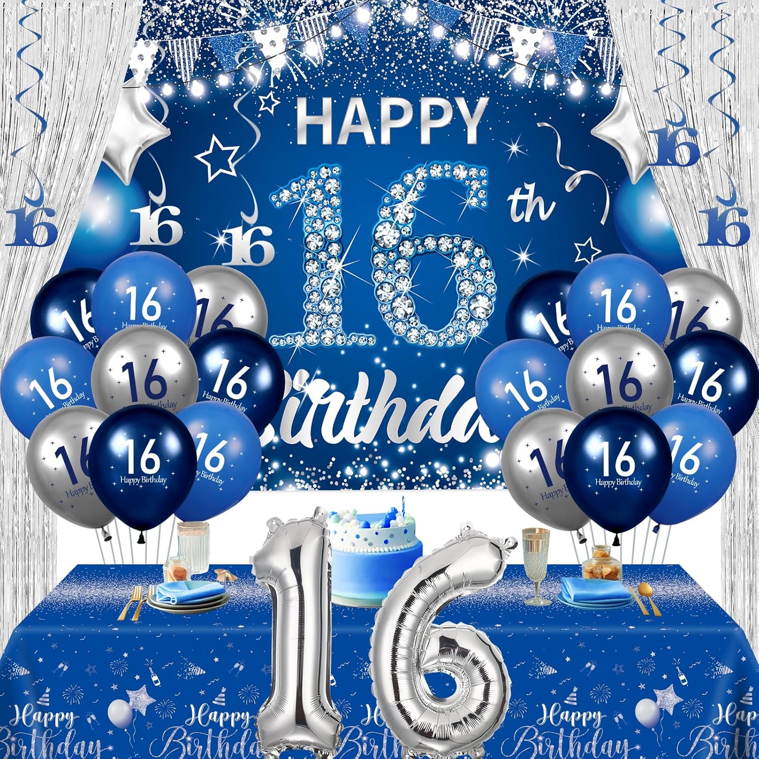 Amazon.com: Blue 16th Birthday Decorations Blue Silver 16th Birthday ...
