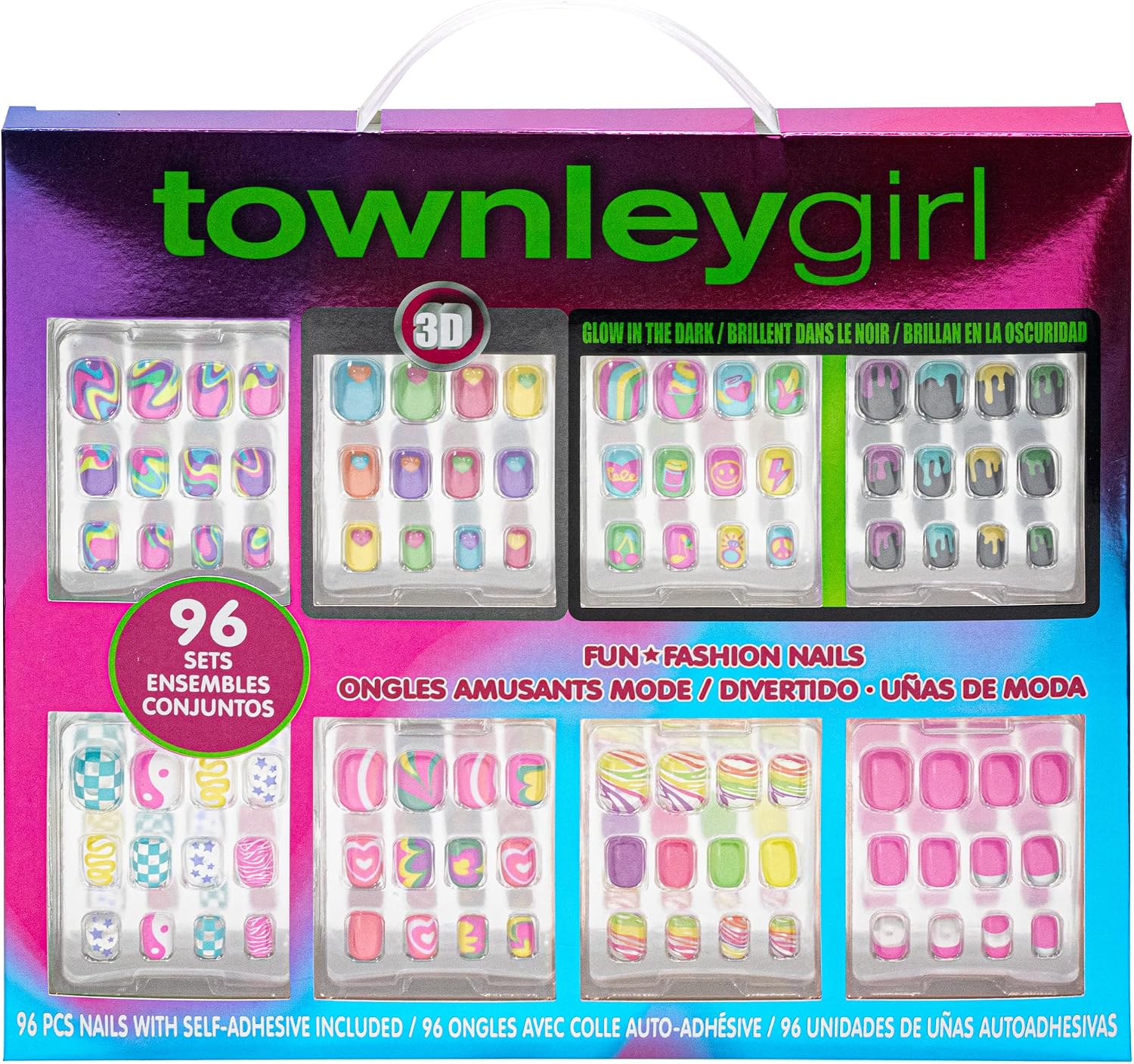 Townley Girl 96 Pcs Stick on Nails Set | 3D and Glow-In-Dark Press- On ...