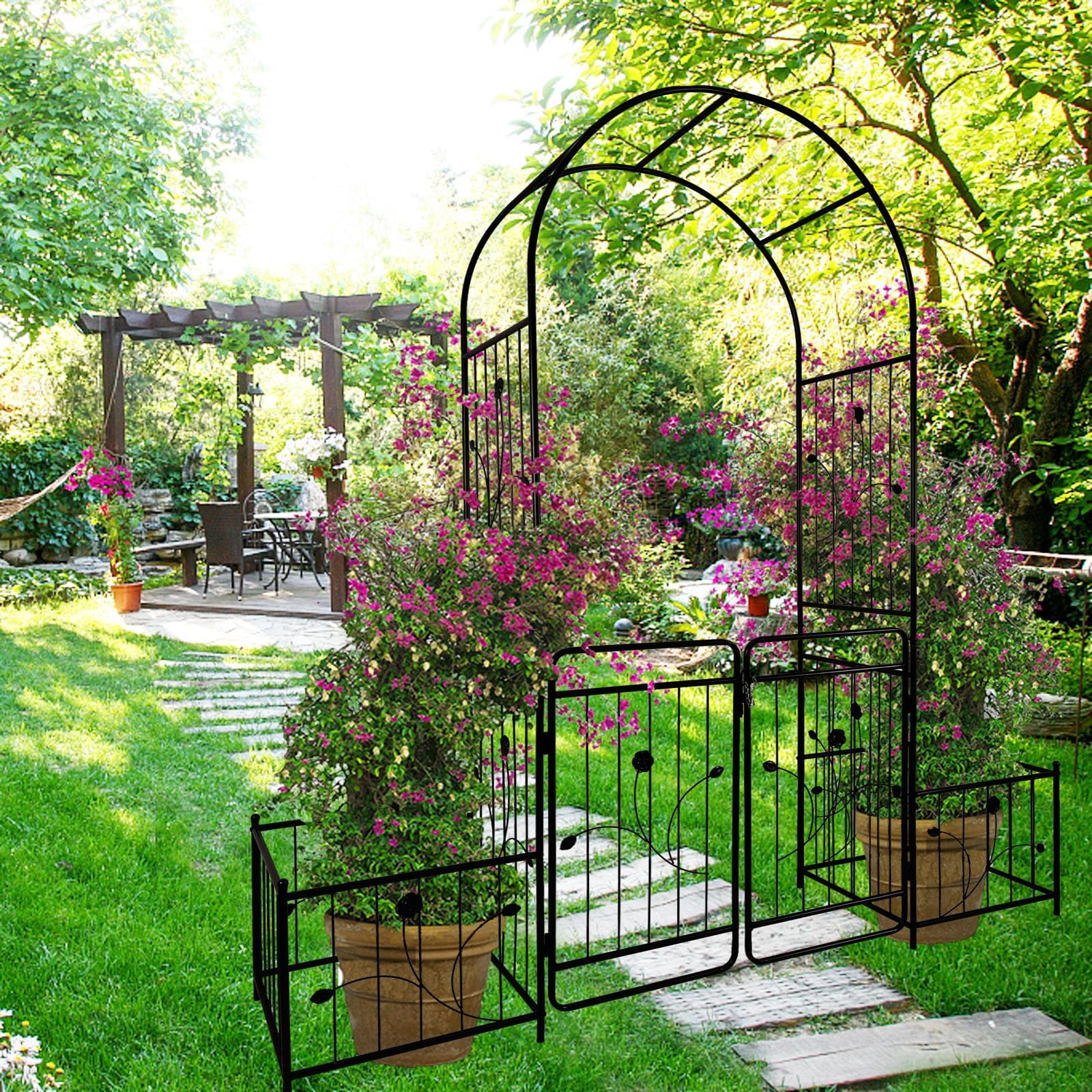 Amazon.com : Fulocseny Black Metal Garden Arbor Arch with Gate and ...