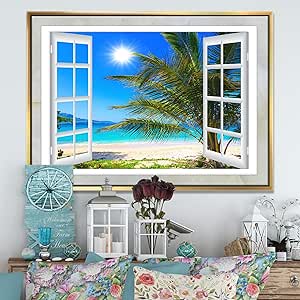 Amazon.com: DesignArt Window Open to Beach with Palm - Extra Large ...