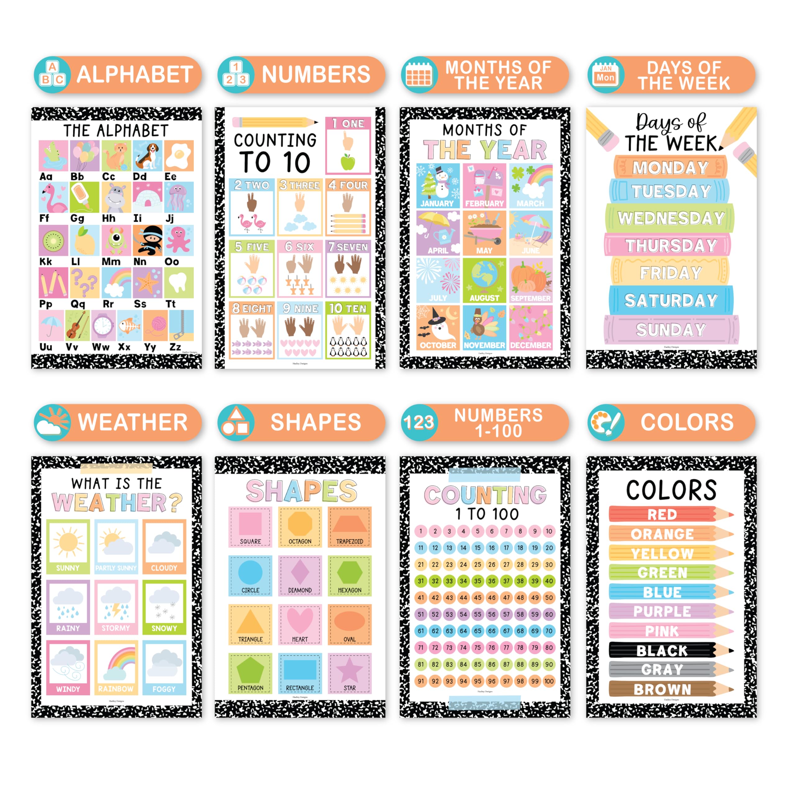 Boho Prek Educational Posters Hadley Designs 16-Pack Educational ...