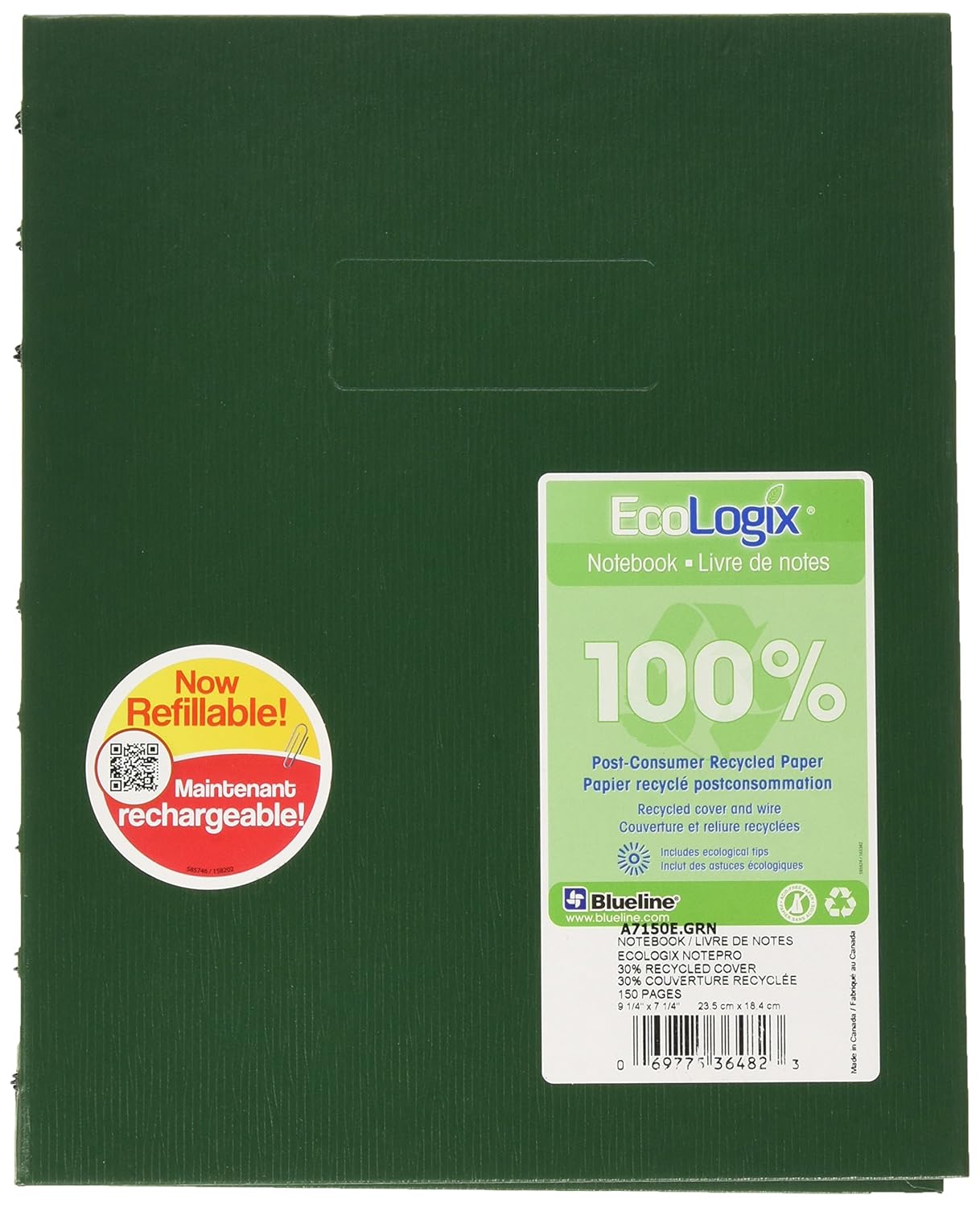 BLUELINE EcoLogix 100% Recycled NotePro Notebook, Green, 9.25" x 7.25 ...