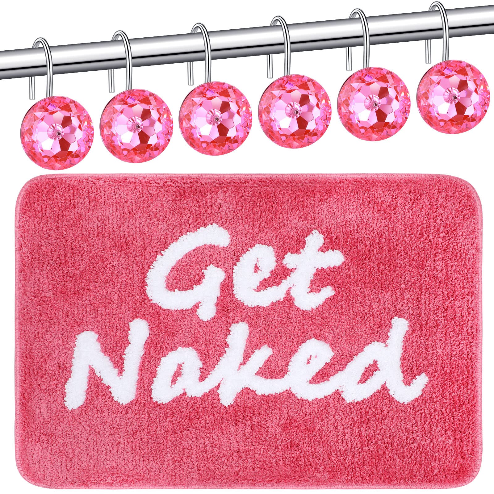 Preppy Bathroom Decor Pink Bathroom Rugs 12 Pcs Shower Curtain Hooks ...