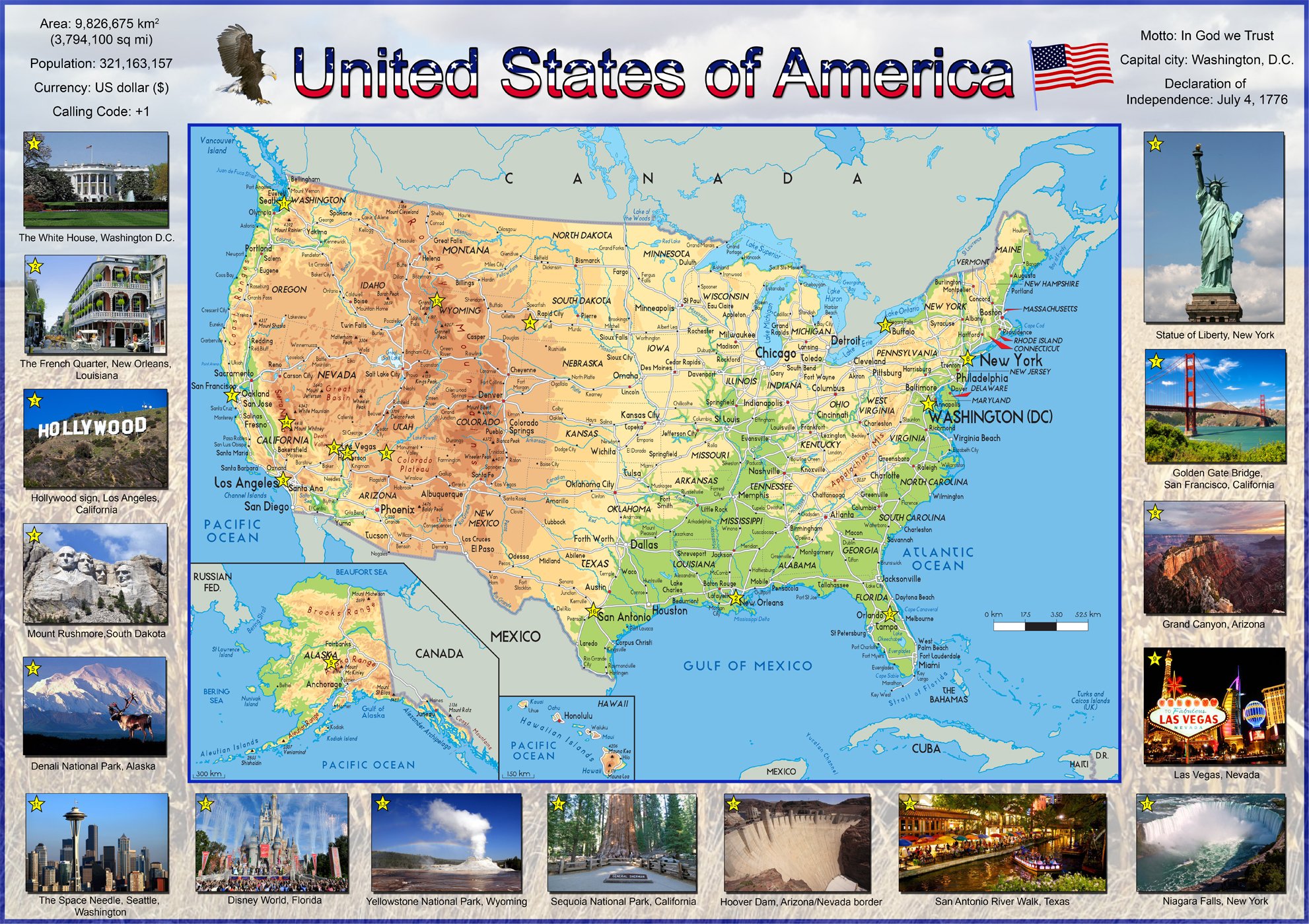 Illustrated Map of The USA - Size A1-59.4 x 84.1cm - Paper Laminated ...