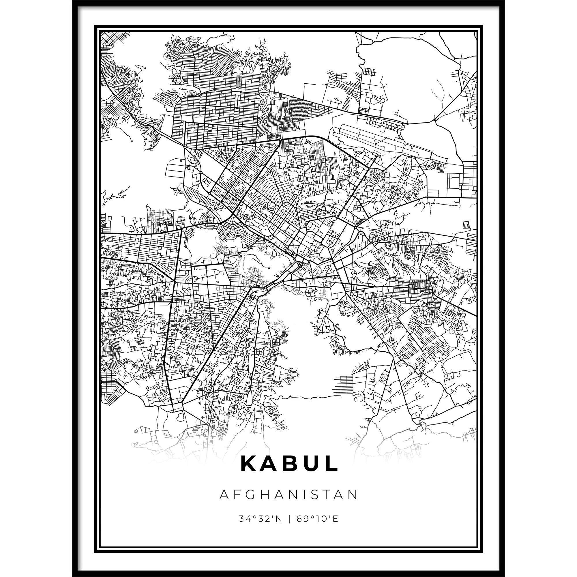Black And White Map Of Kabul Kabul Province Afghanistan Grayscale