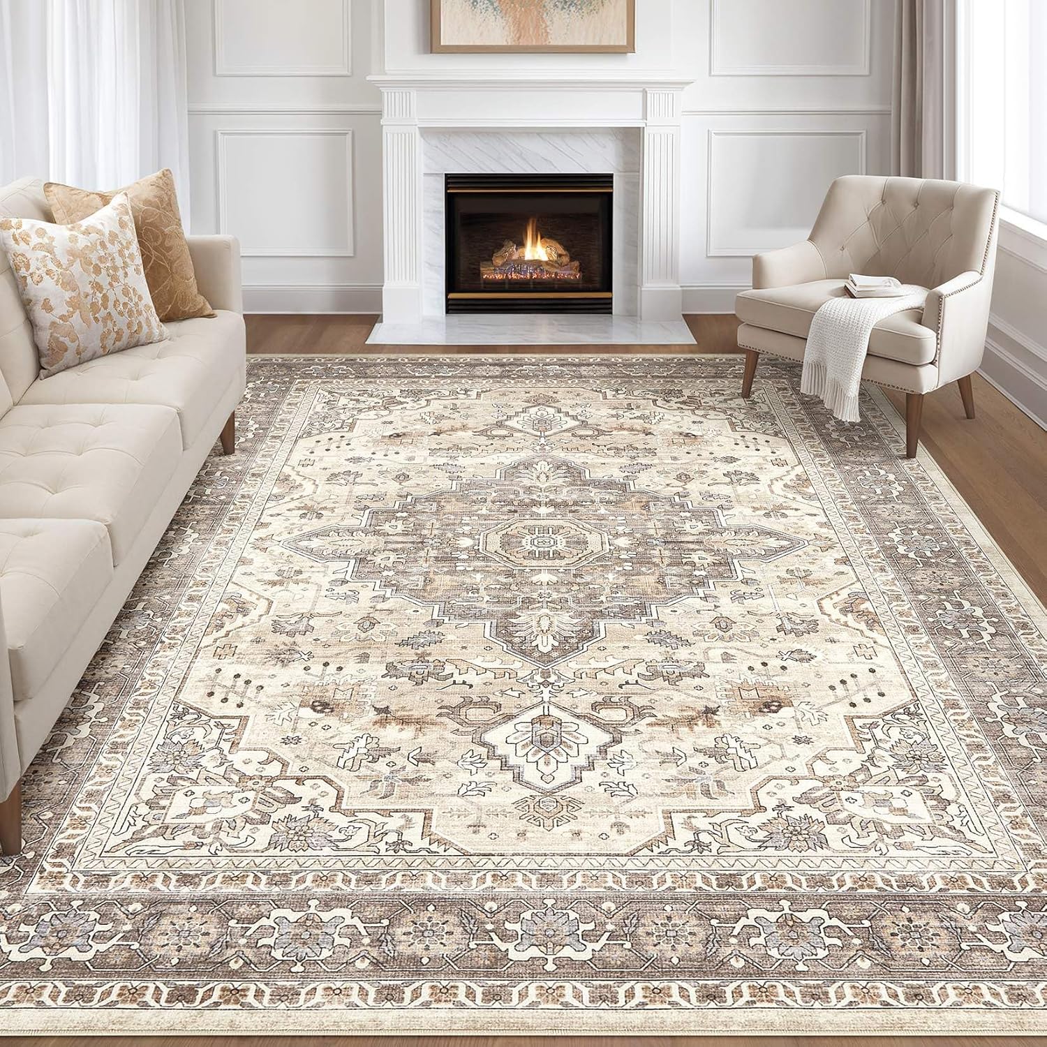 8x10 Area Rugs Living Room: Washable Boho Large Neutral Vintage Soft ...