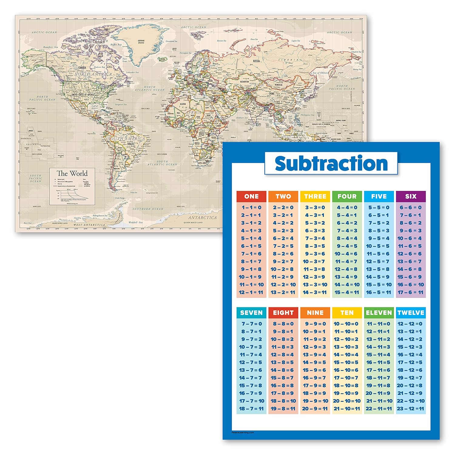 Amazon.com : 2 Pack - Antique Style World Map Poster & Subtraction Math ...