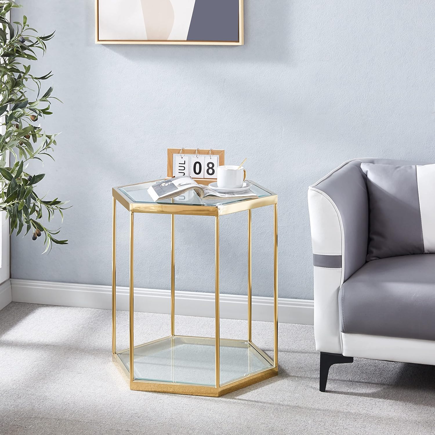 Amazon.com: Modern Glass End Table with Gold Finish Stainless Steel ...