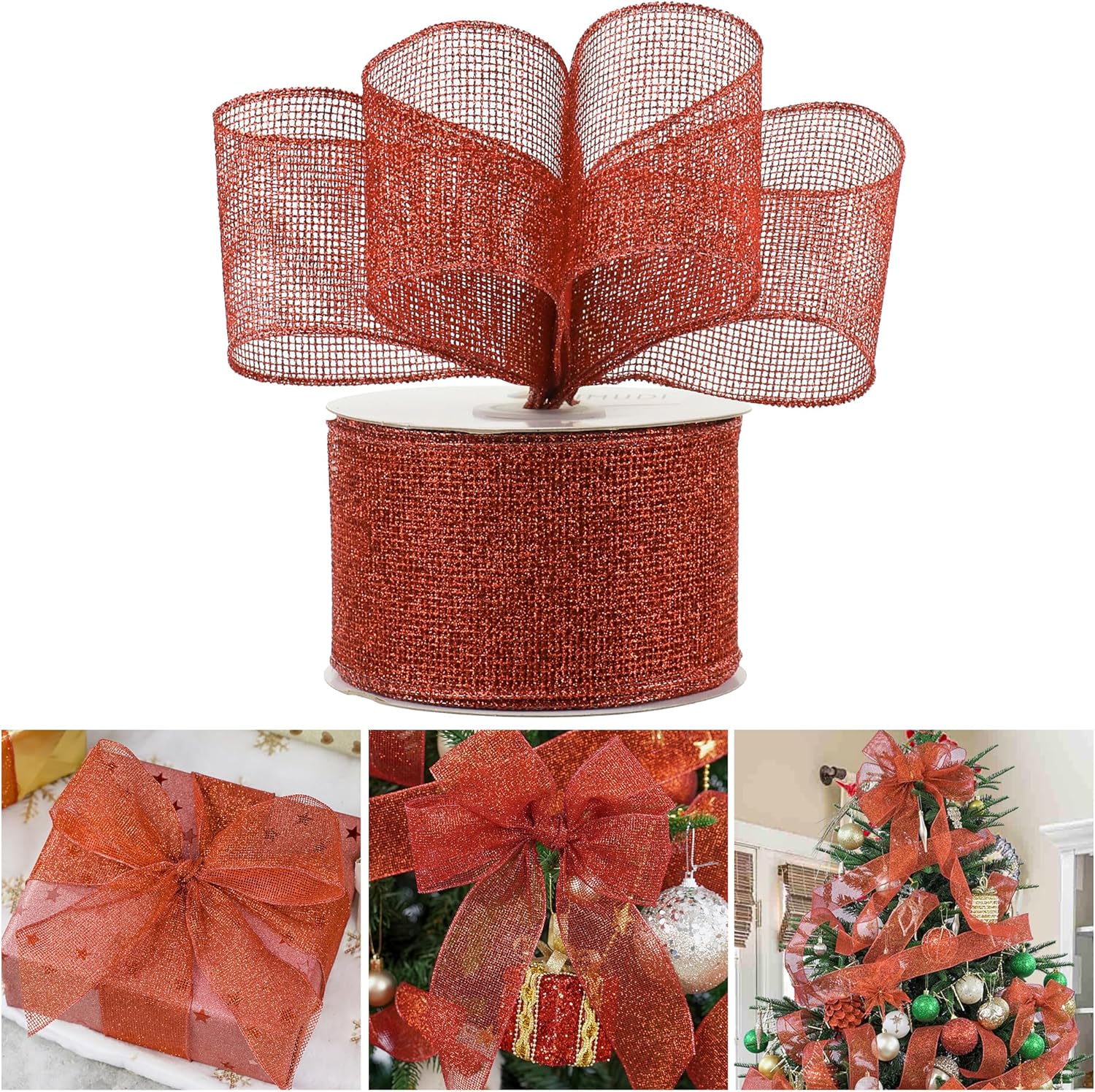 Amazon.com: AIMUDI Red Christmas Ribbon - 2.5 Inch Glitter Mesh Wired ...