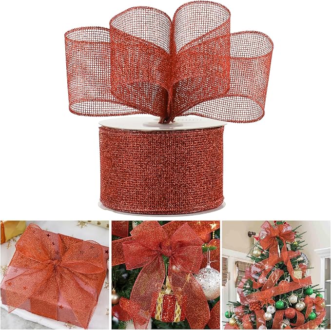 Amazon.com: AIMUDI Red Wired Christmas Ribbon 2.5 Inch Mesh Red Ribbon ...
