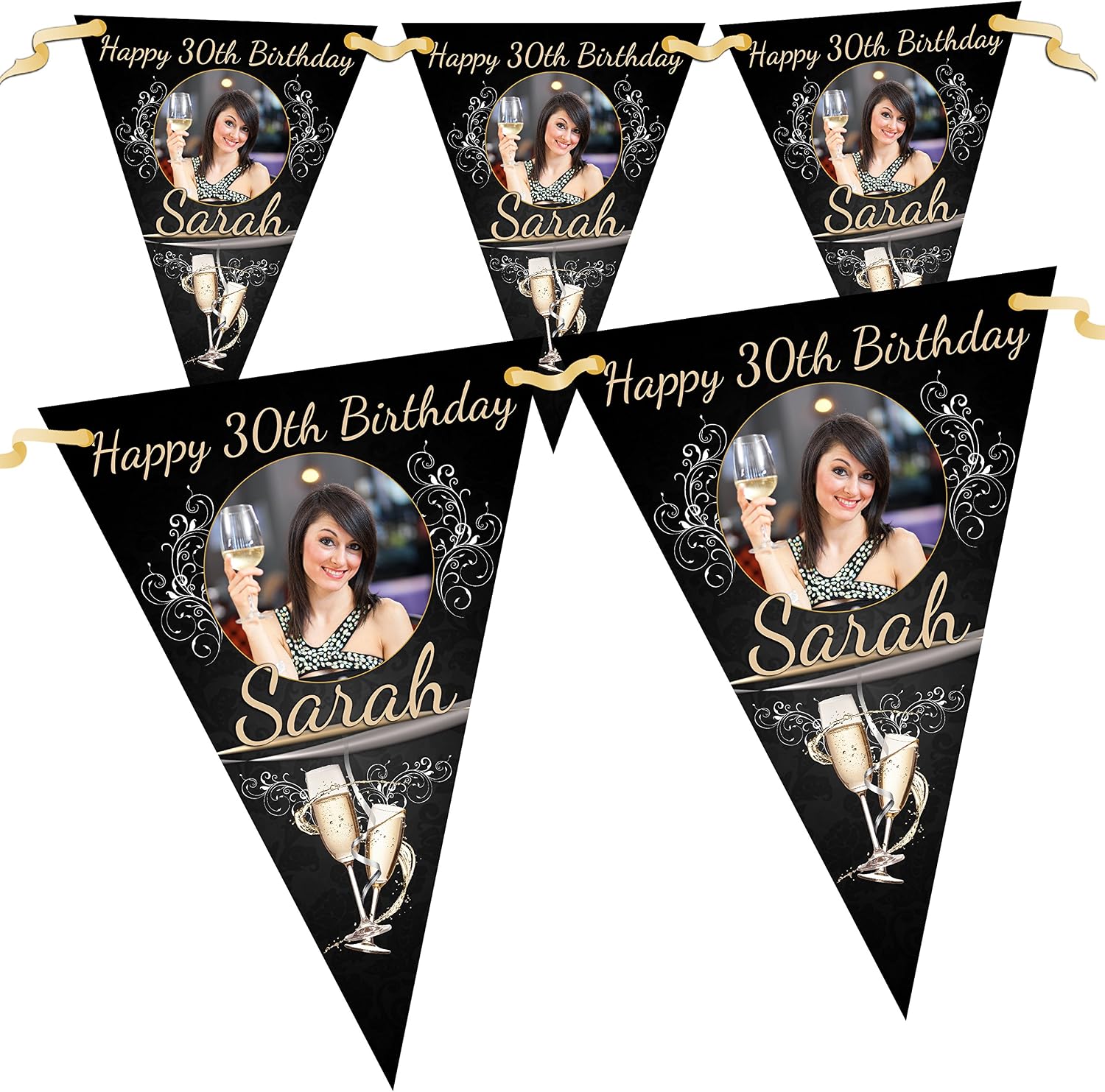 Personalised Black & Gold Happy Birthday Photo Flag Banner Bunting N64 ...