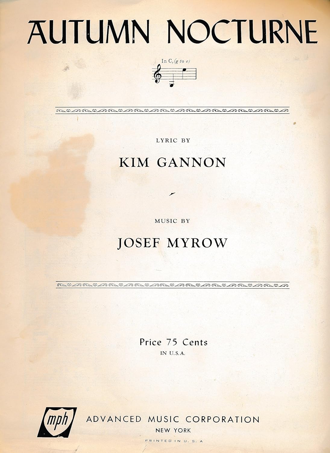 Autumn Nocturne By Kim Gannon & Josef Myrow (1941 Sheet Music): Kim ...