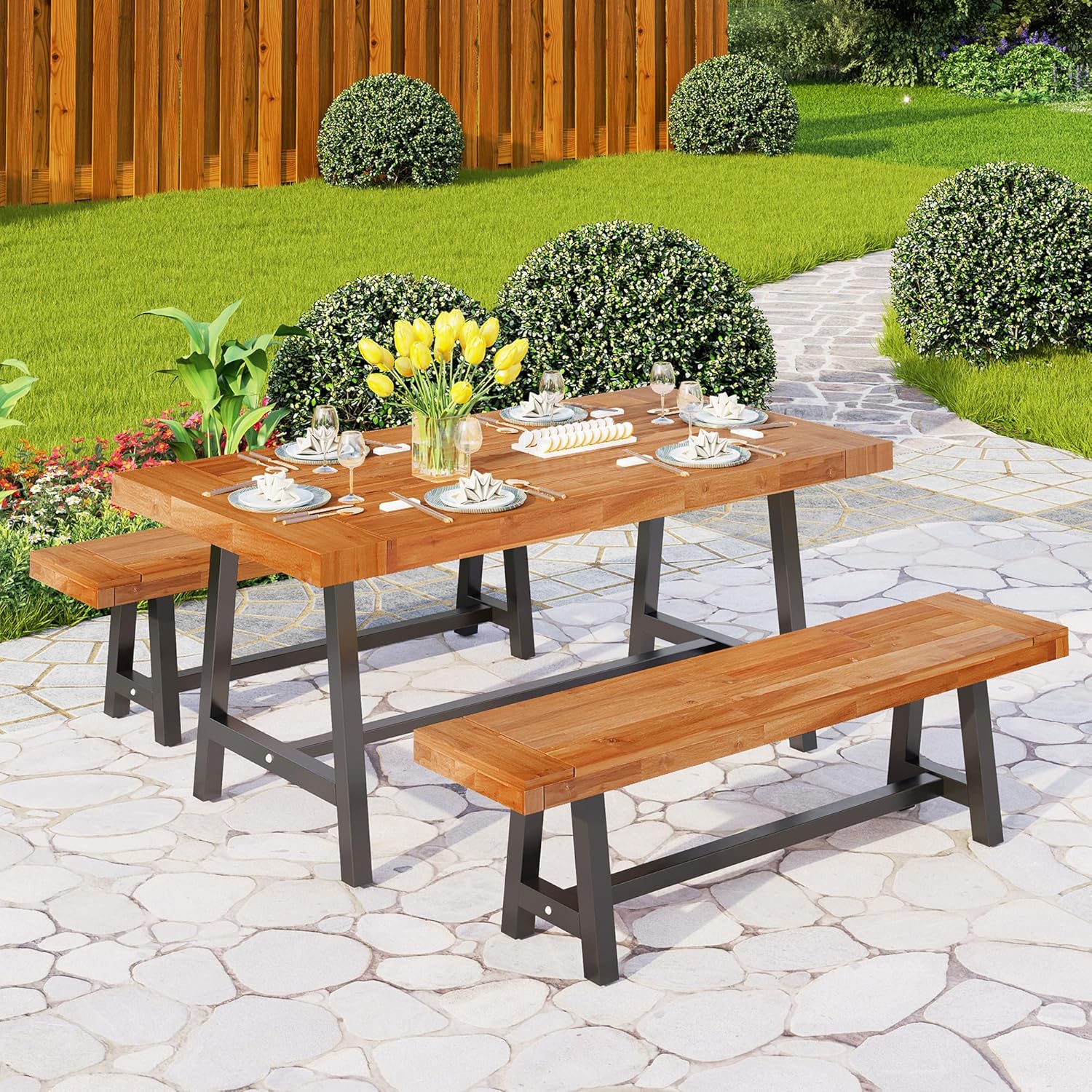 Amazon.com: PHI VILLA Outdoor Table Bench Set of 3, 1 Wood Dining Table ...