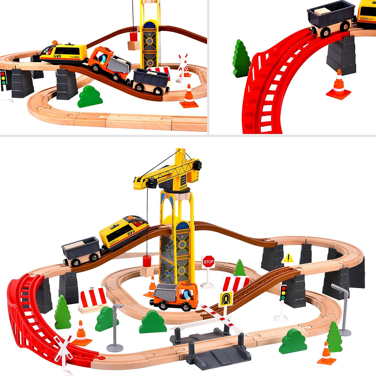 Buy Giant Bean Tower Crane Wooden Train Set, 72pcs Toy Battery Operated ...