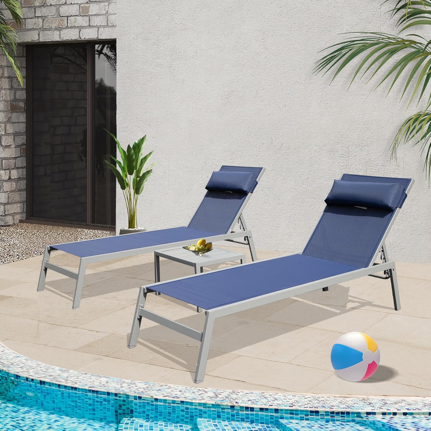 Amazon.com : Domi Patio Chaise Lounge Set of 3, Aluminum Pool Lounge ...