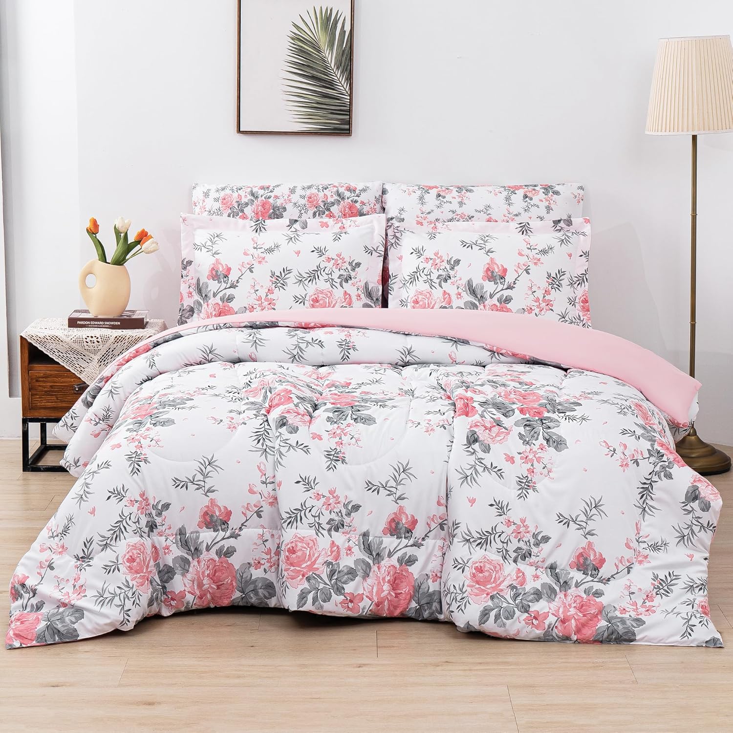 Lasoftan King Size Comforter Set, Floral Printed 7 Piece Bag in a Bag ...
