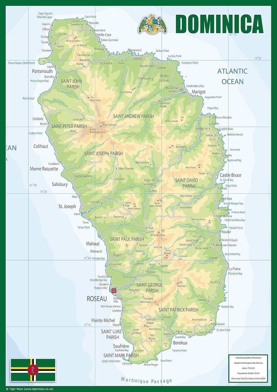 Physical Map of Dominica - The Oxford Collection - Size A1 - Paper ...