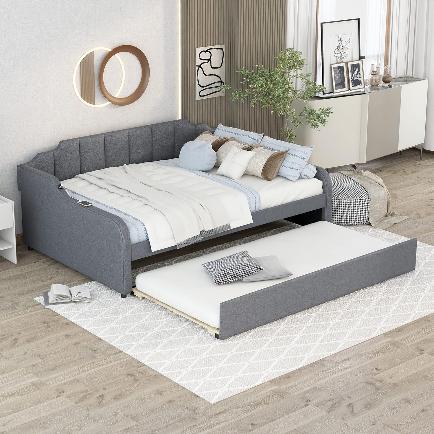 Amazon.com: DOLPRNE Full Size Upholstery Daybed Bed Frame with Pop Up ...