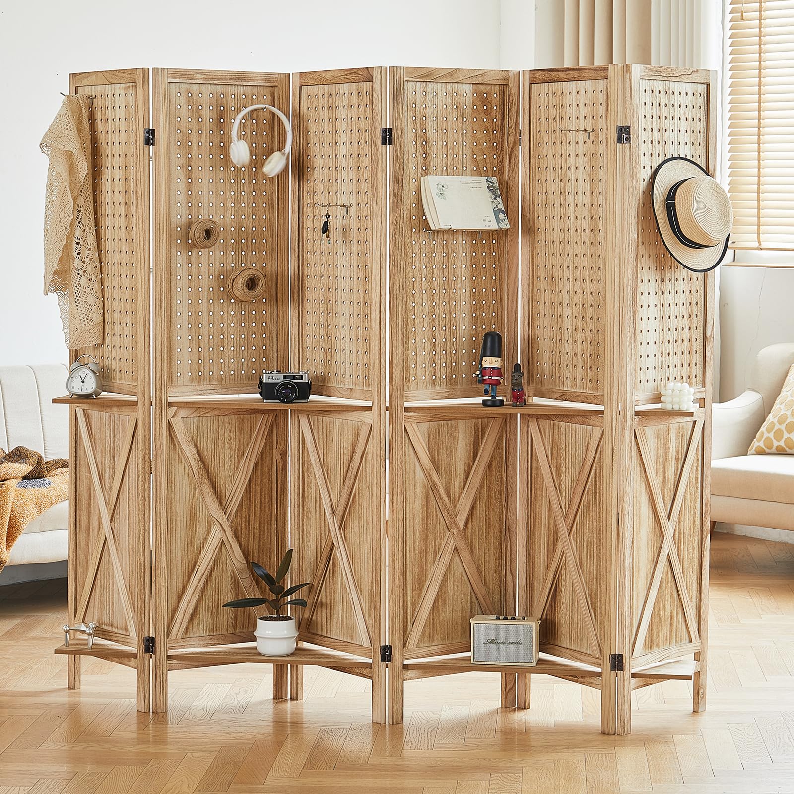 Amazon.com - Leesinwing 6 Panel Room Divider with Shelves, Wood Room ...