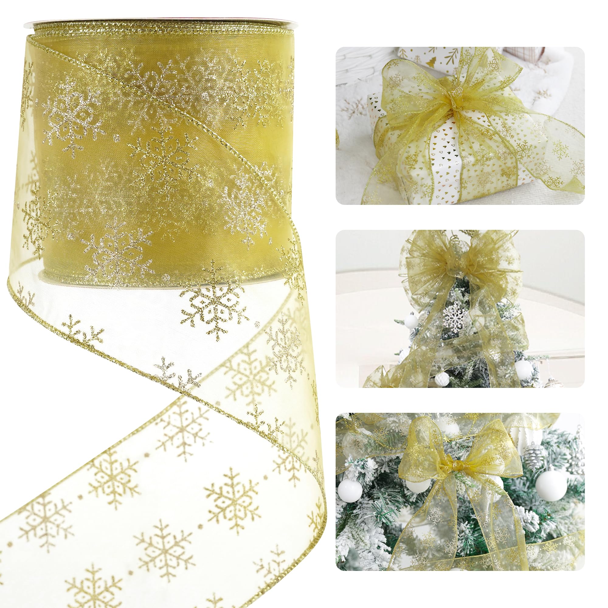 Amazon.com: HUIHUANG Snowflake Sheer Wired Ribbon 4 inch x 25 Yards ...