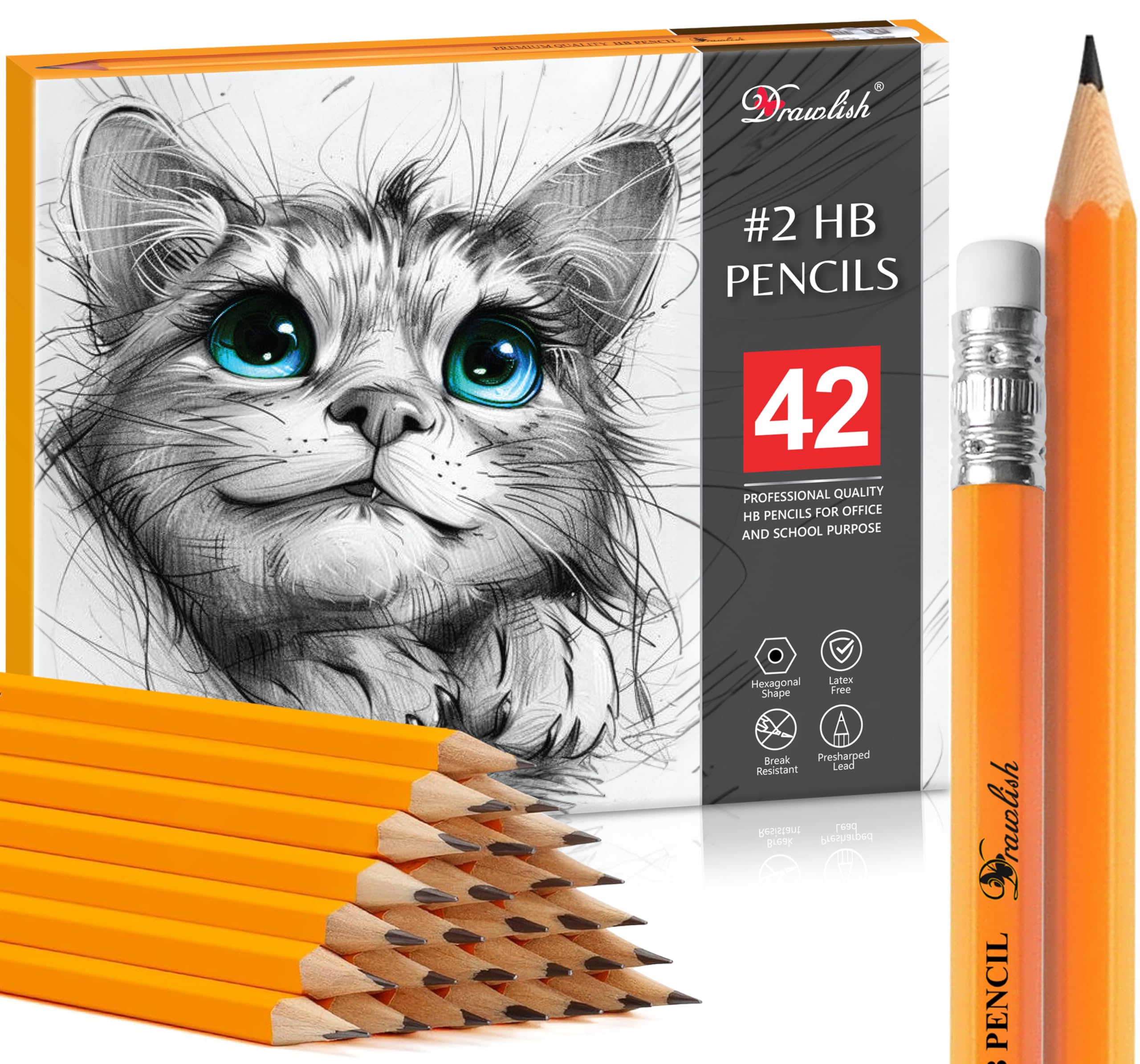 HB Pencils with Rubbers on the End - Pack of 42 Sketching Pencils Set ...
