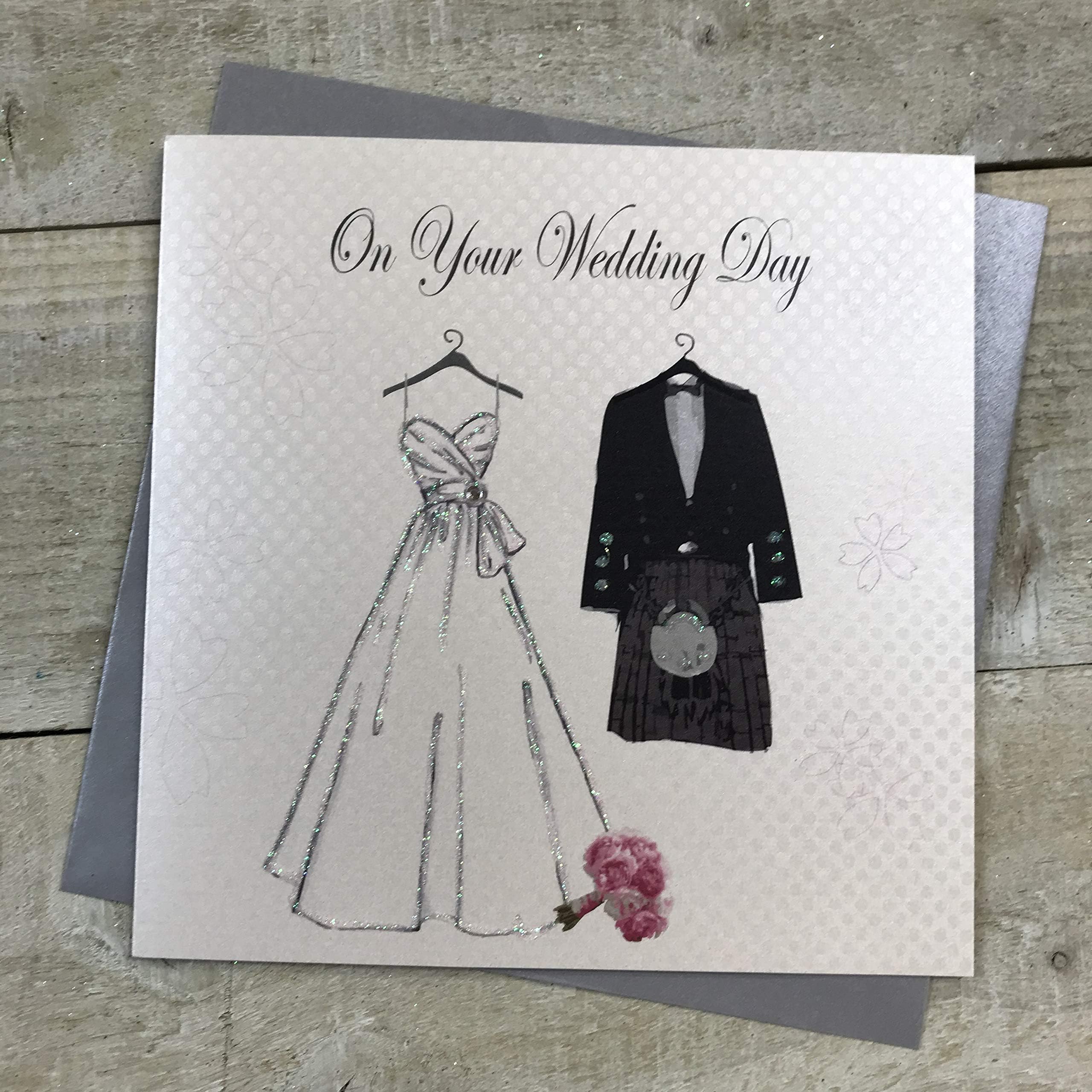 WHITE COTTON CARDS TARTAN FLUTES & FLOWERS, SCOTTISH WEDDING CARD, HAND ...